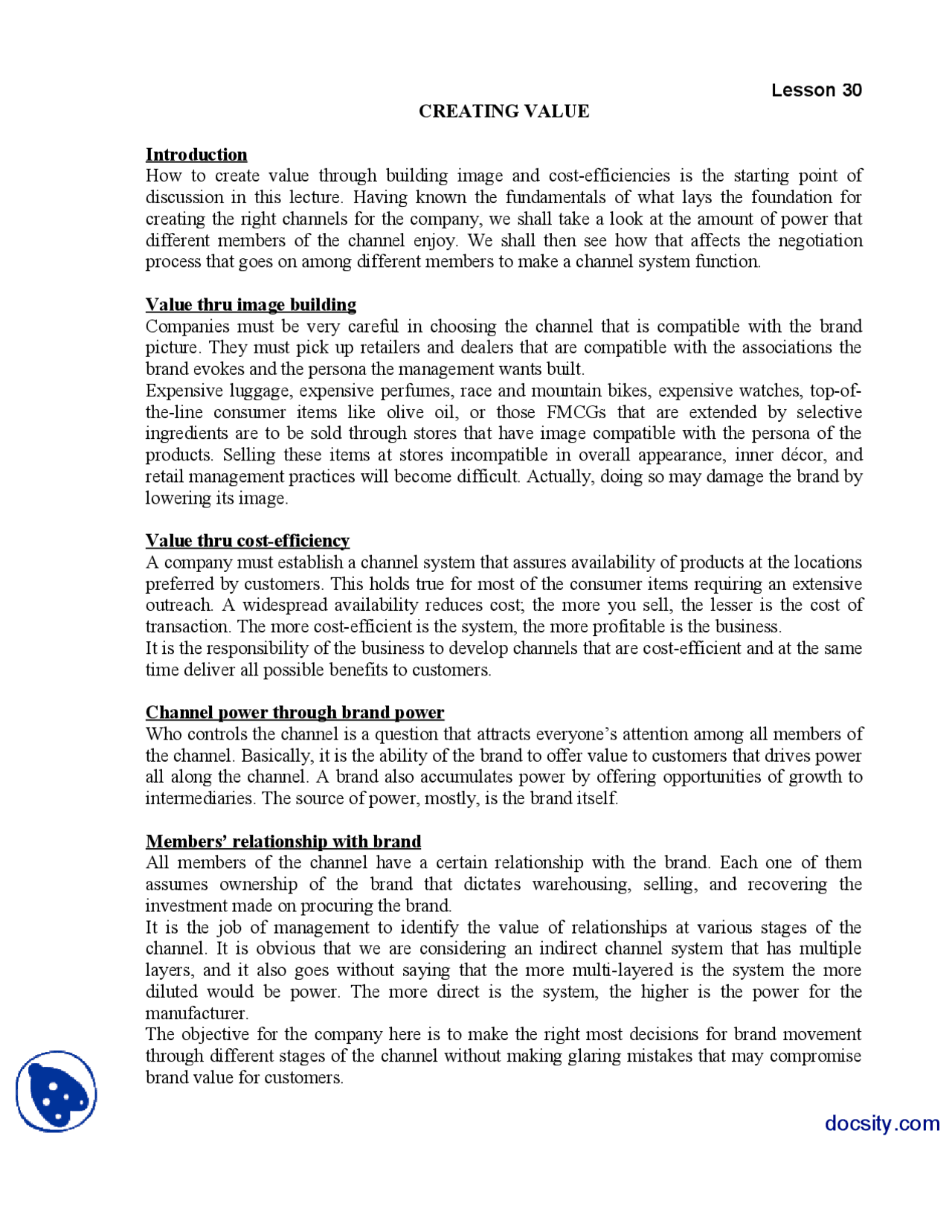 Creating Value Brand Management Lecture Handout Docsity