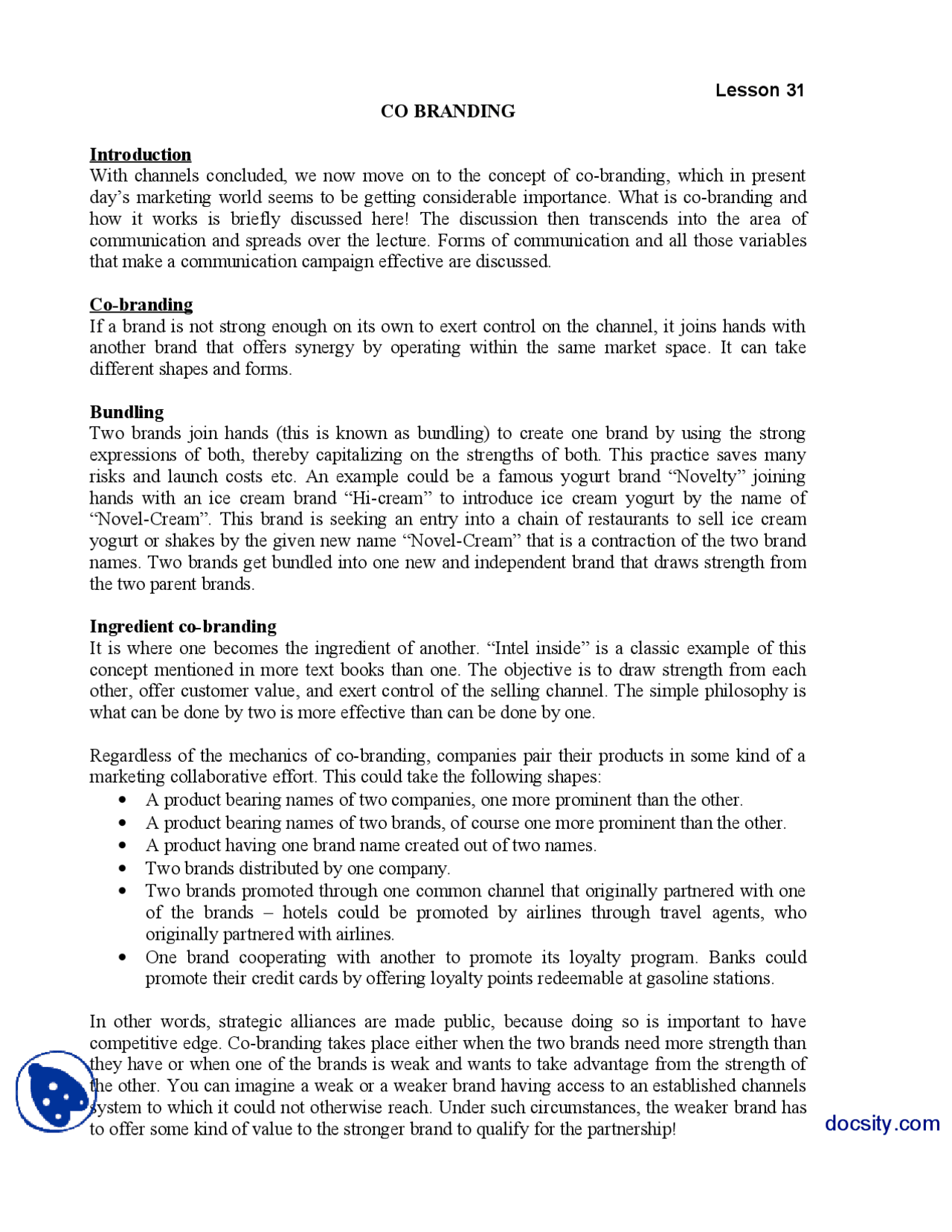 Co Branding Brand Management Lecture Handout Docsity