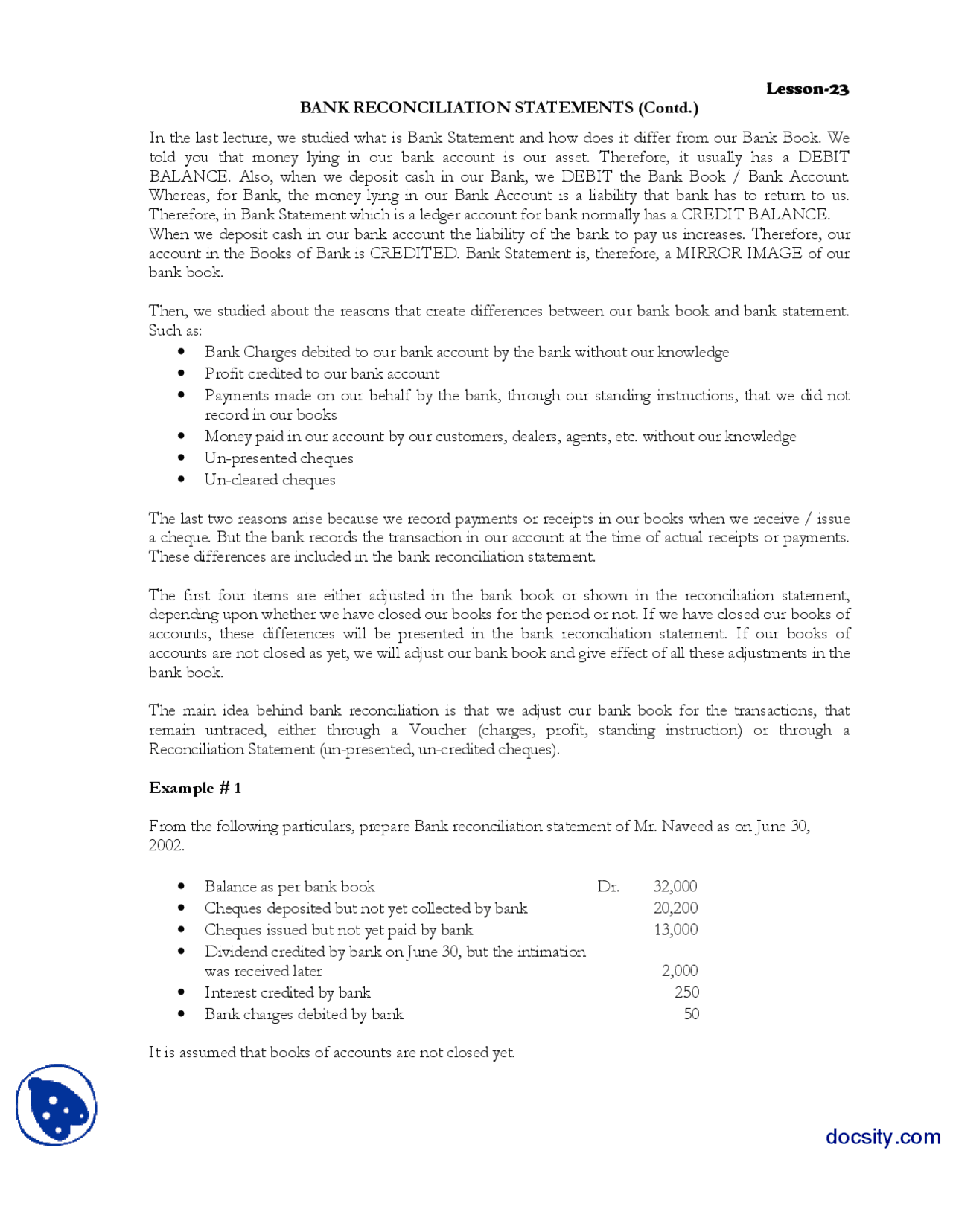 Band Reconcilations Financial Accounting Lecture Handout Docsity