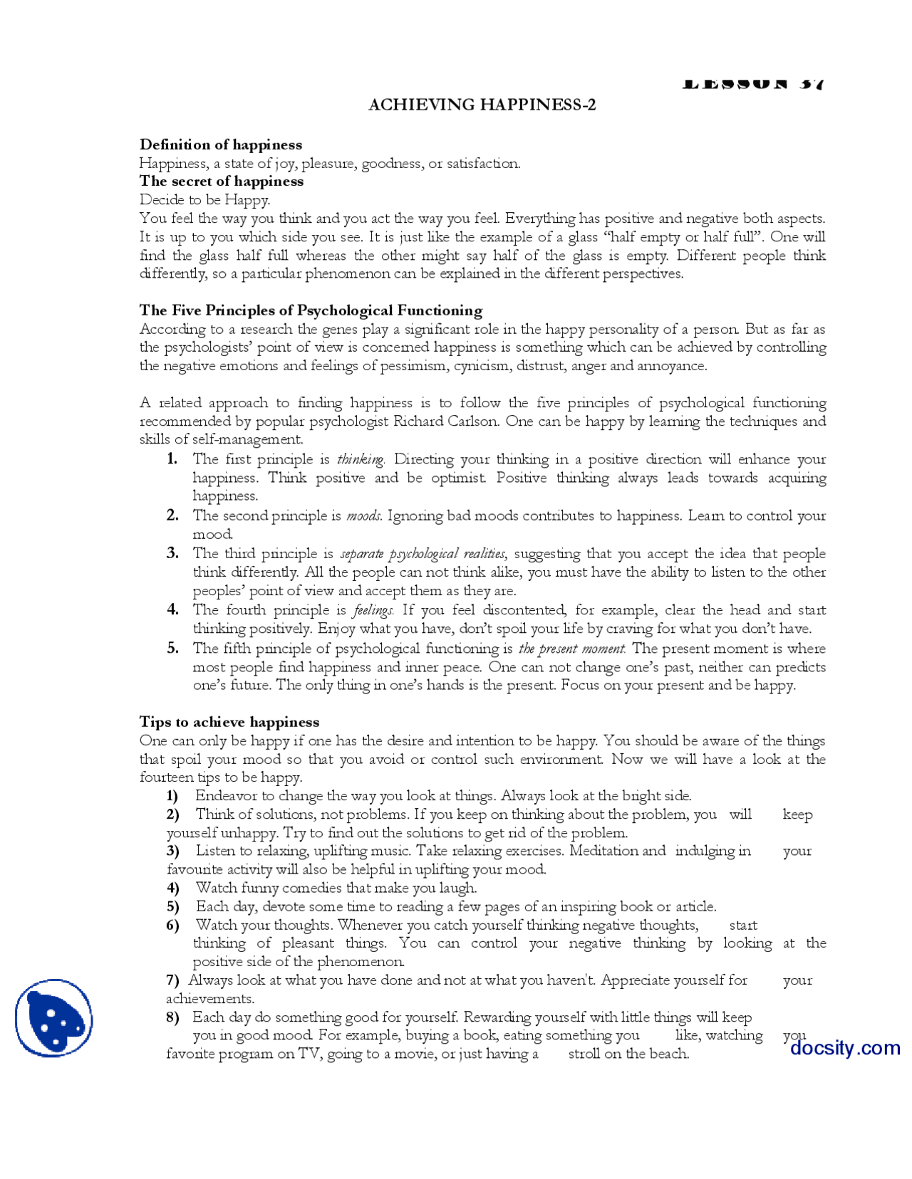 Achieving Happiness Part 4 Human Relation Lecture Handout Docsity