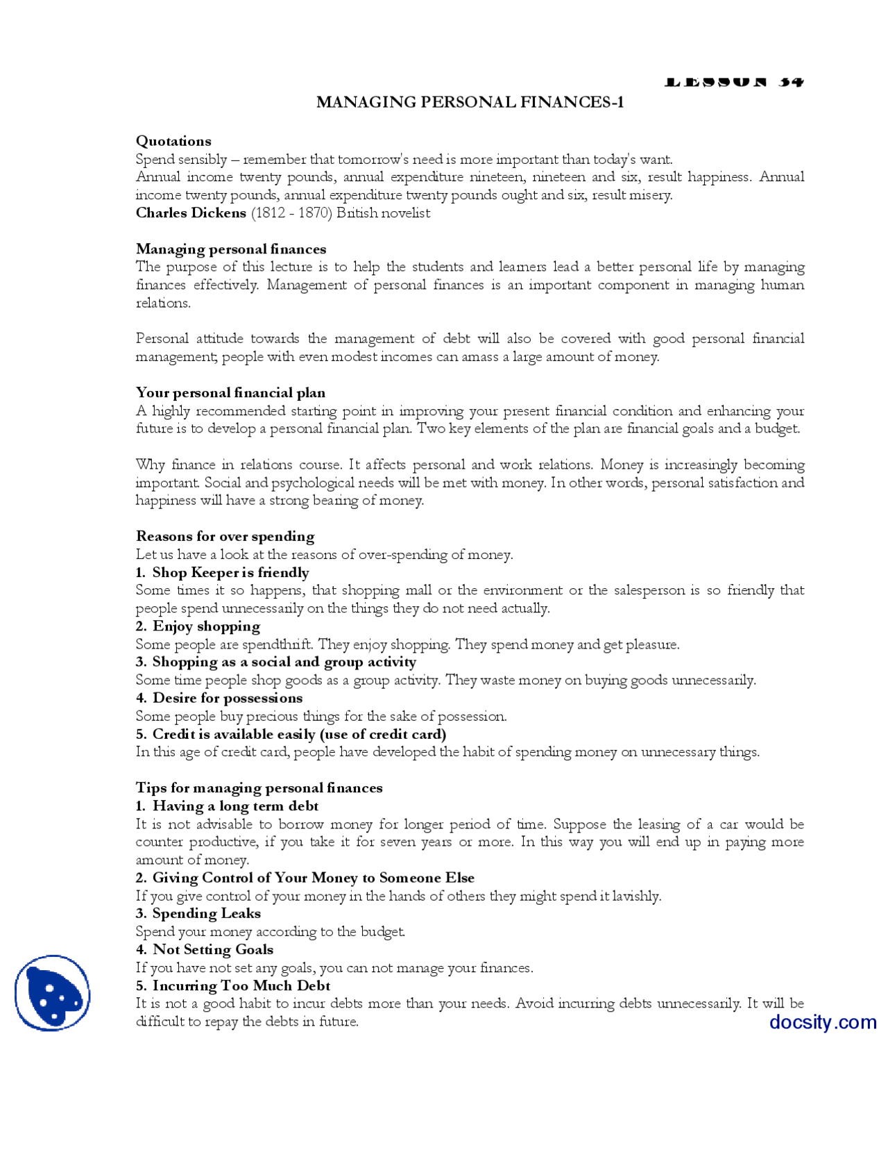 Managing Personal Finances Part 1 Human Relation Lecture Handout Docsity