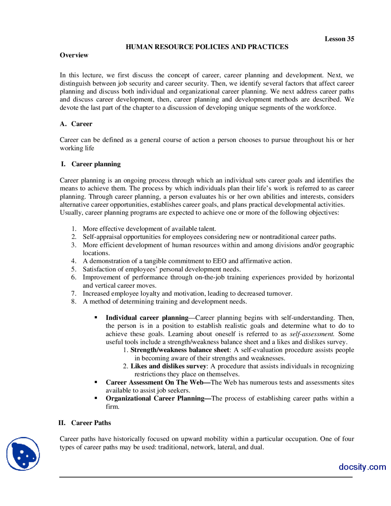 Career Organizational Behaviour Lecture Handout Docsity