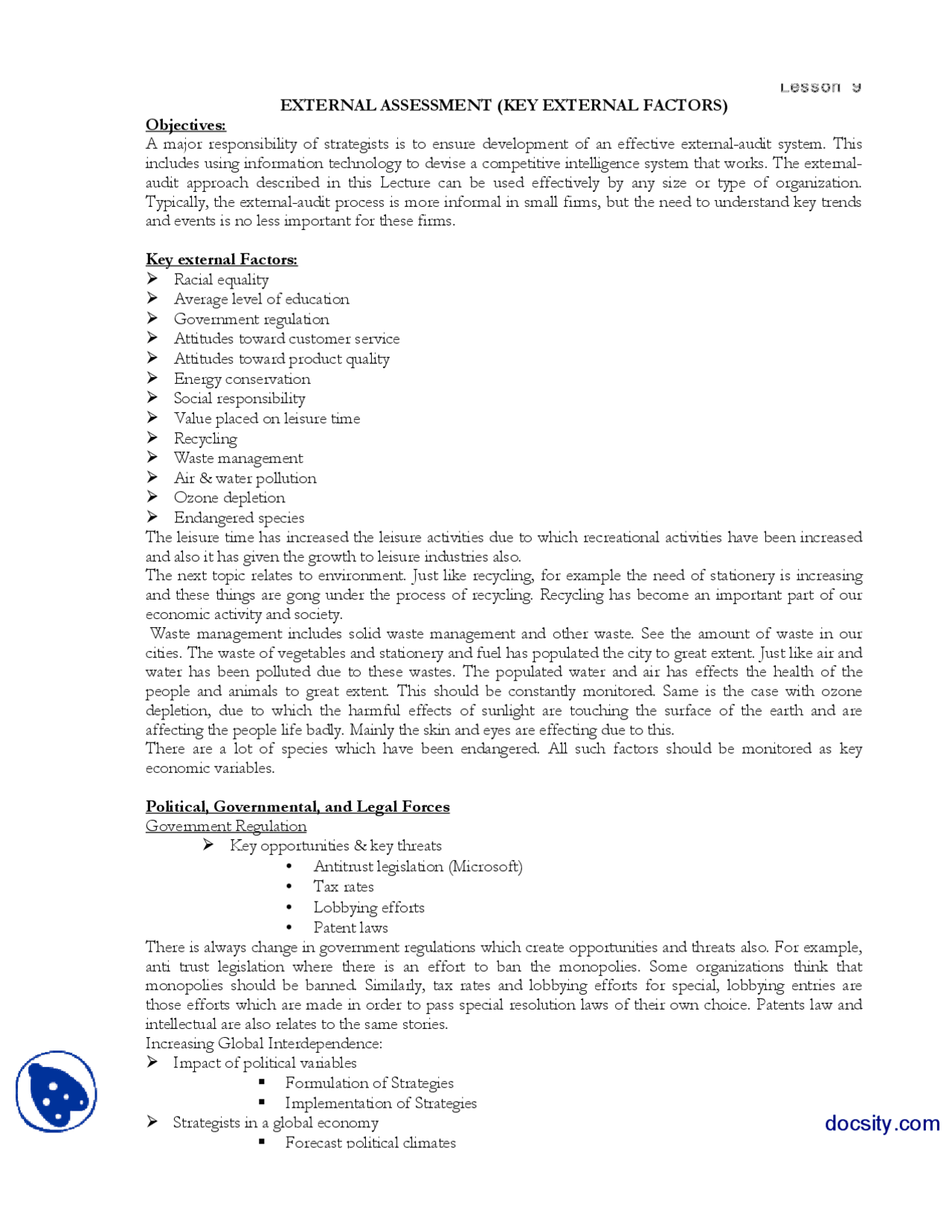 Key External Factors Strategic Management Lecture Handout Docsity