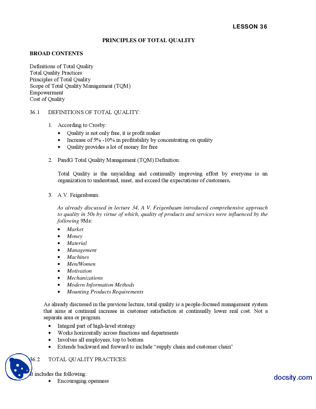 Principles Of Total Quality Project Managment Handouts Docsity