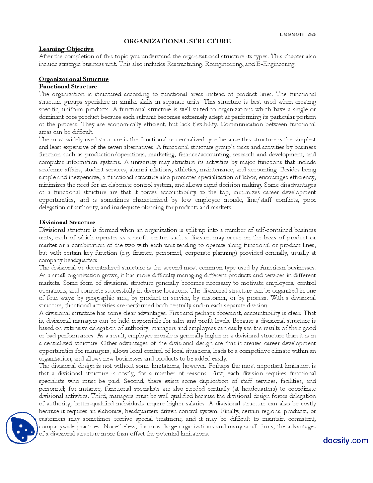 Organizational Structure Strategic Management Lecture Handout Docsity