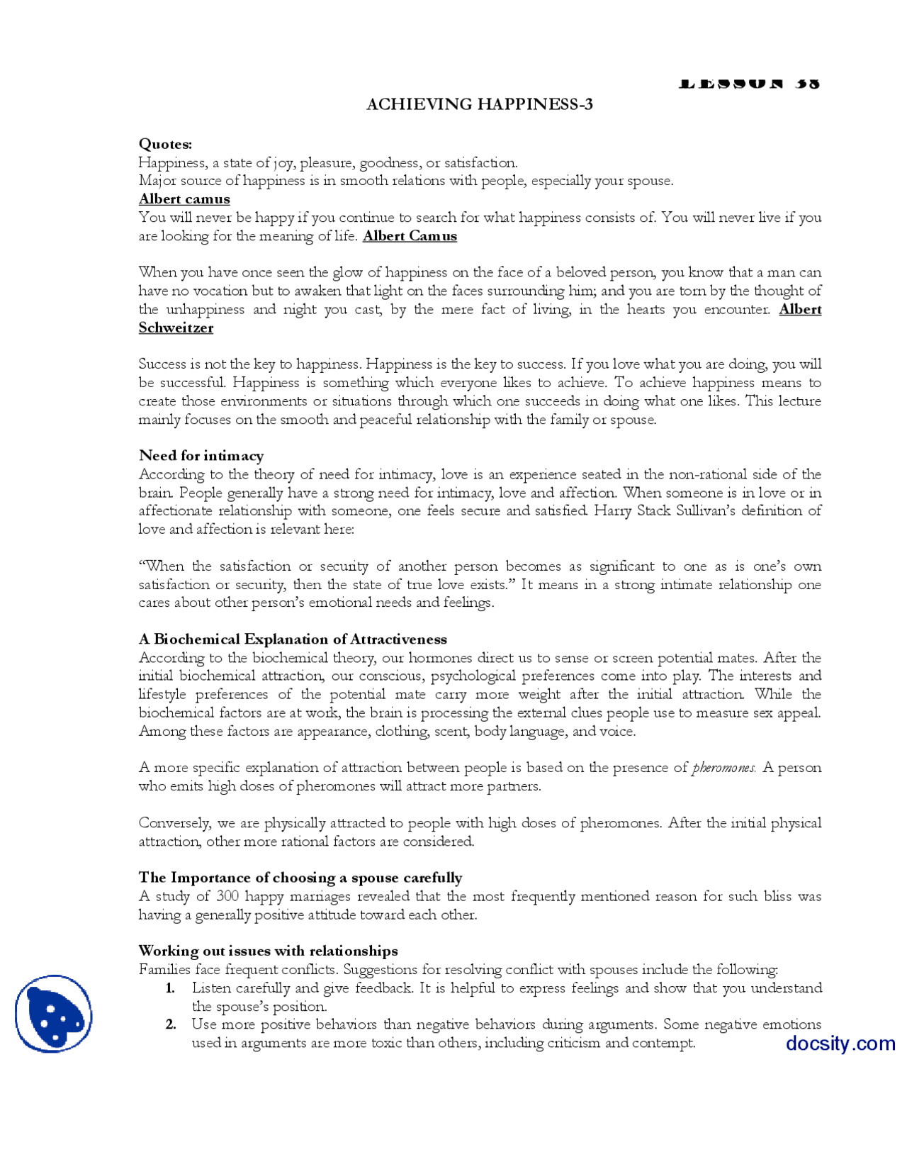 Achieving Happiness Part 5 Human Relation Lecture Handout Docsity