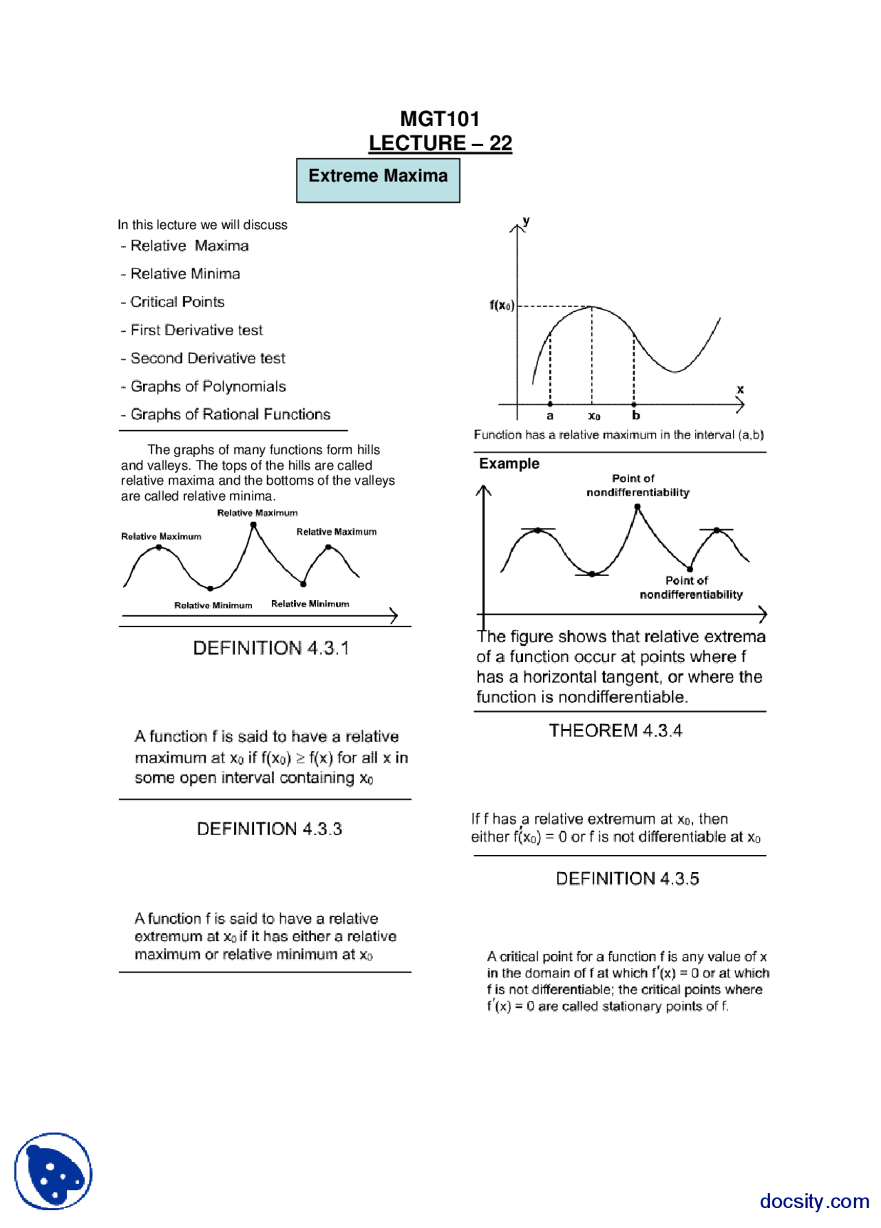 Extreme Maxima-General Mathematics-Lecture Handout - Docsity