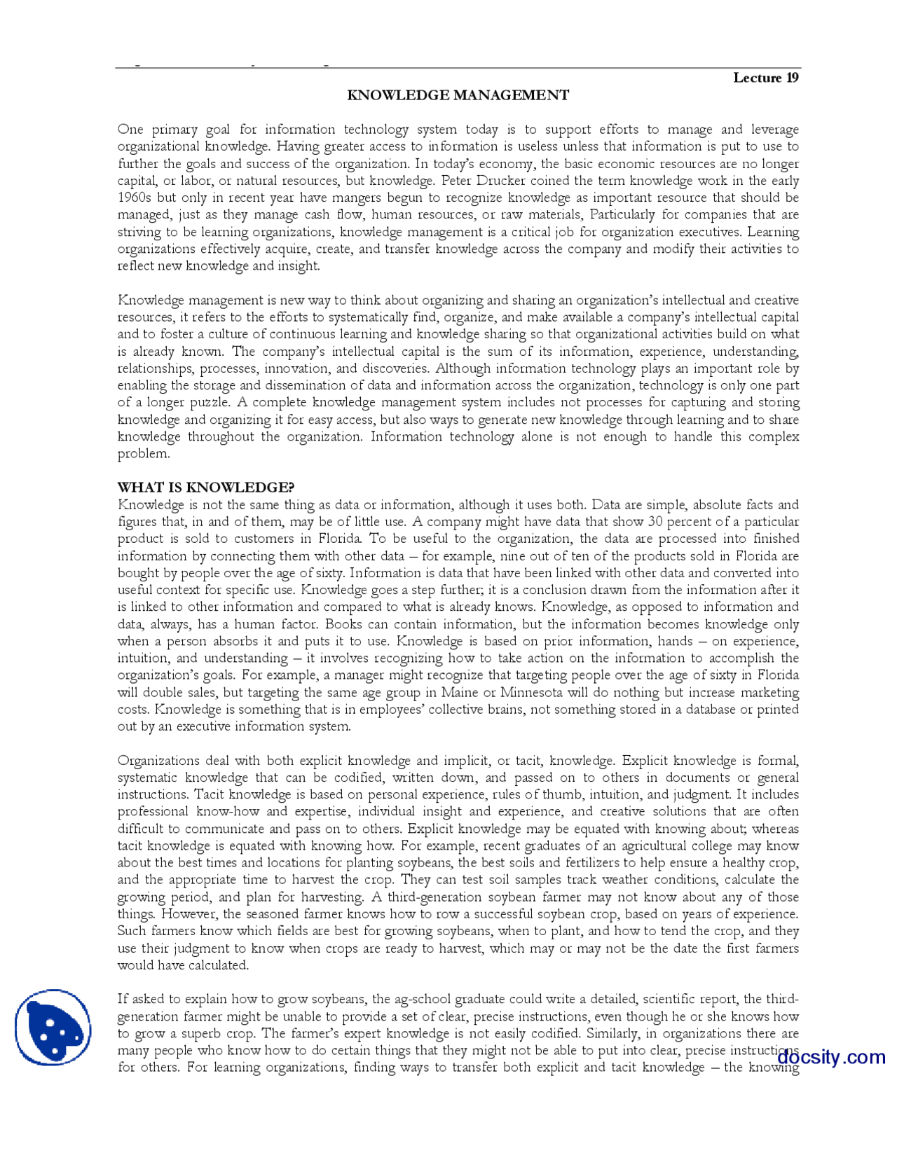 Knowledge Management Organization Theory And Design Handouts Lecture