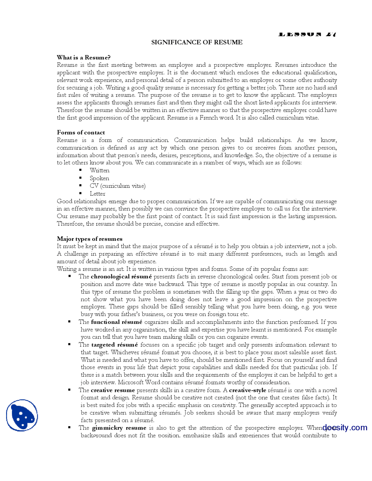 What Is A Resume Human Relation Lecture Handout Docsity