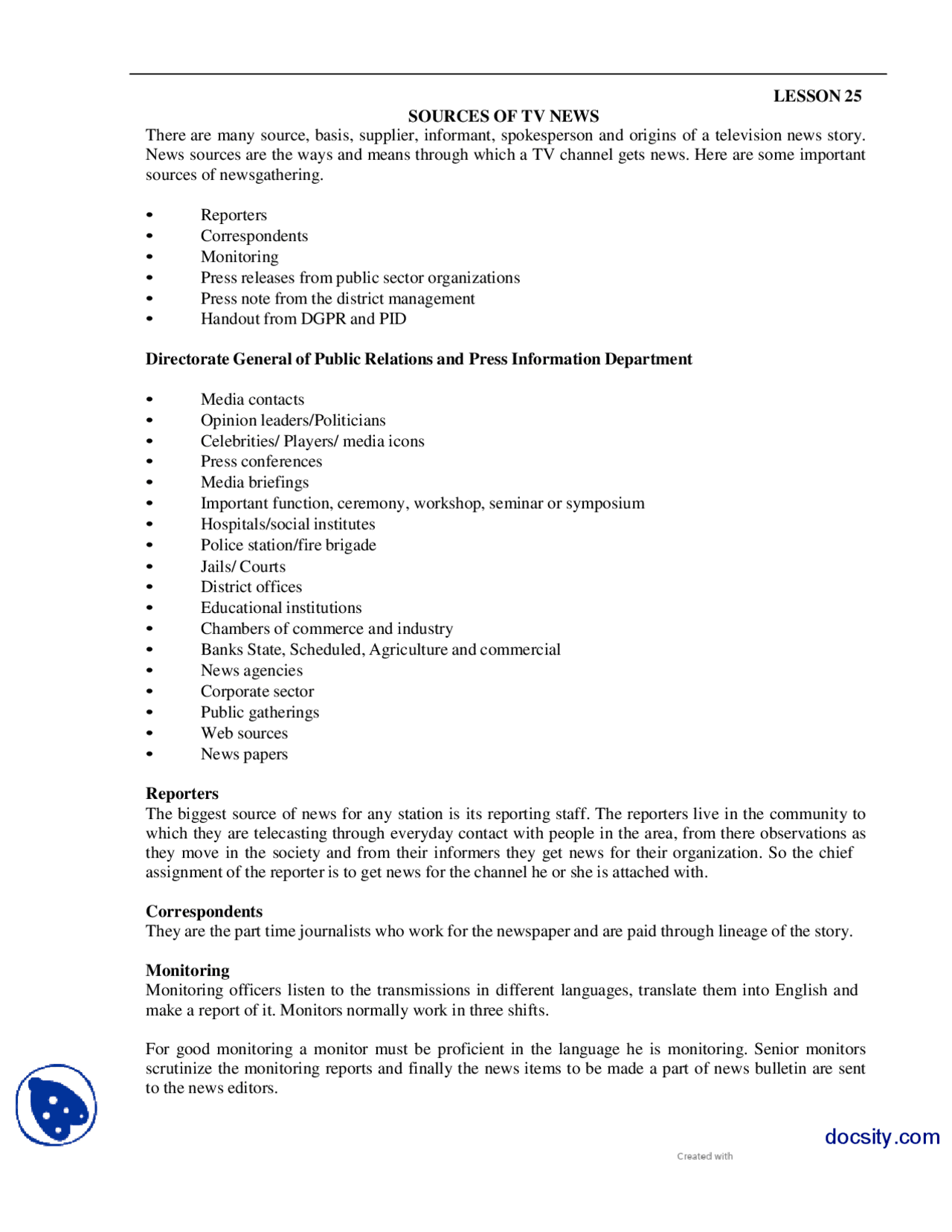 Sources Of Tv News Reporting And Production Handouts Docsity
