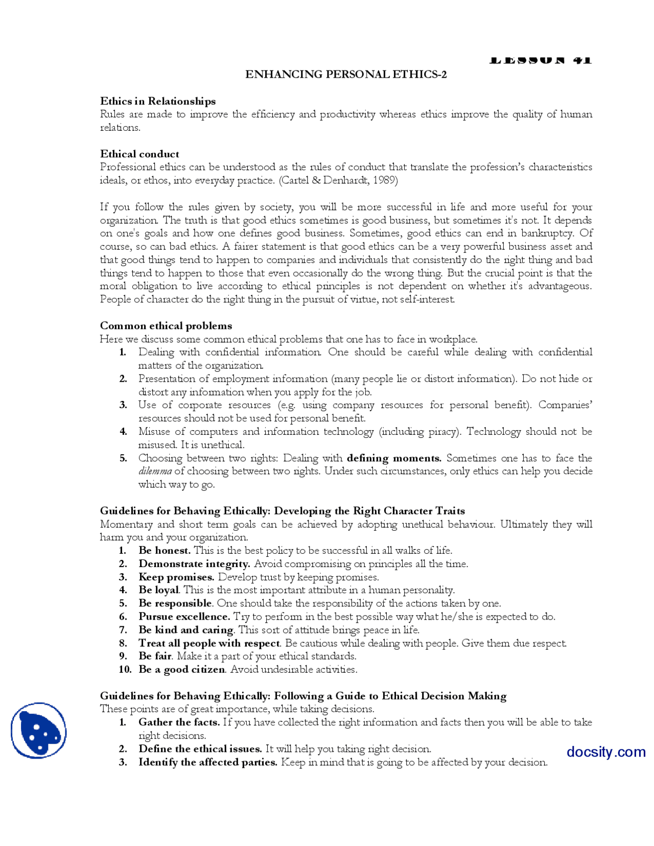 Ethics Part 2 Human Relation Lecture Handout Docsity