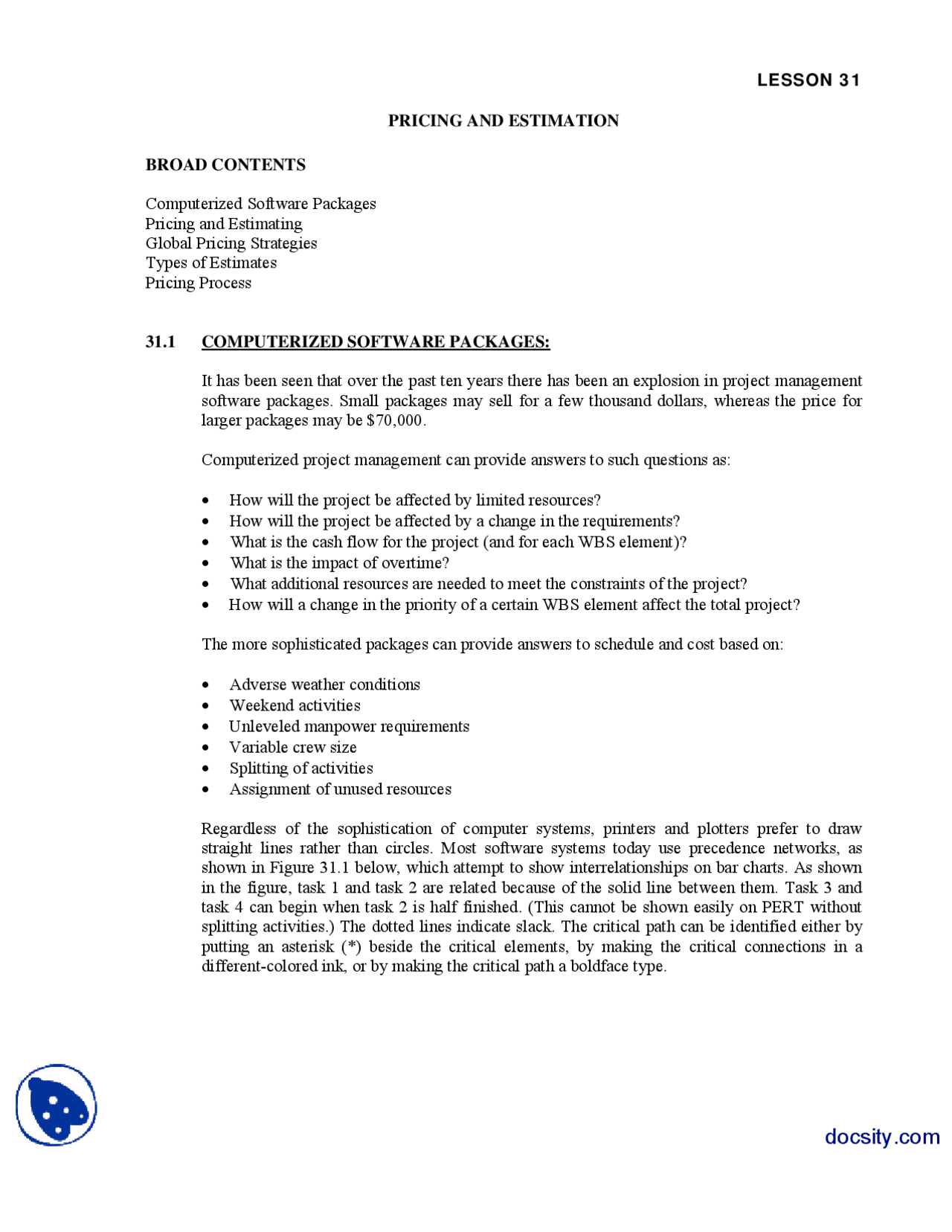 Pricing And Estimation Project Managment Handouts Docsity