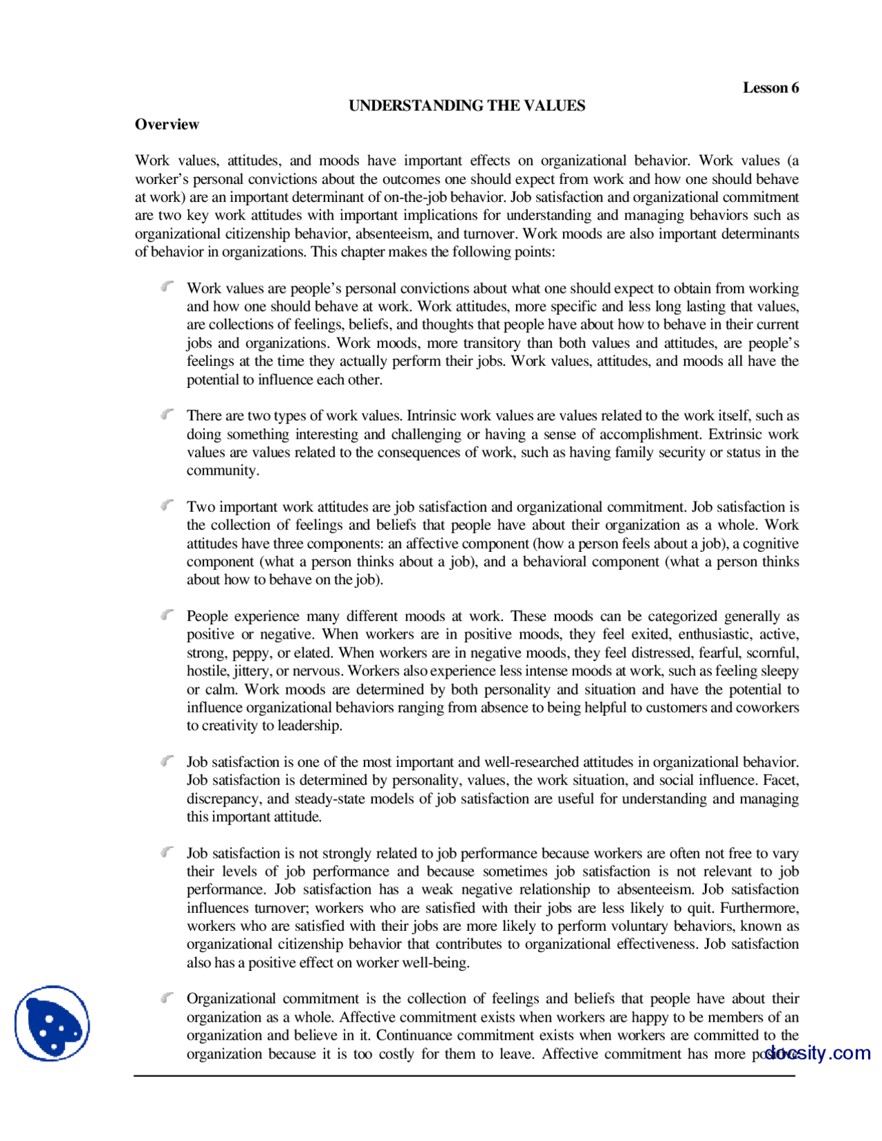 Values Organizational Behaviour Lecture Handout Exercises