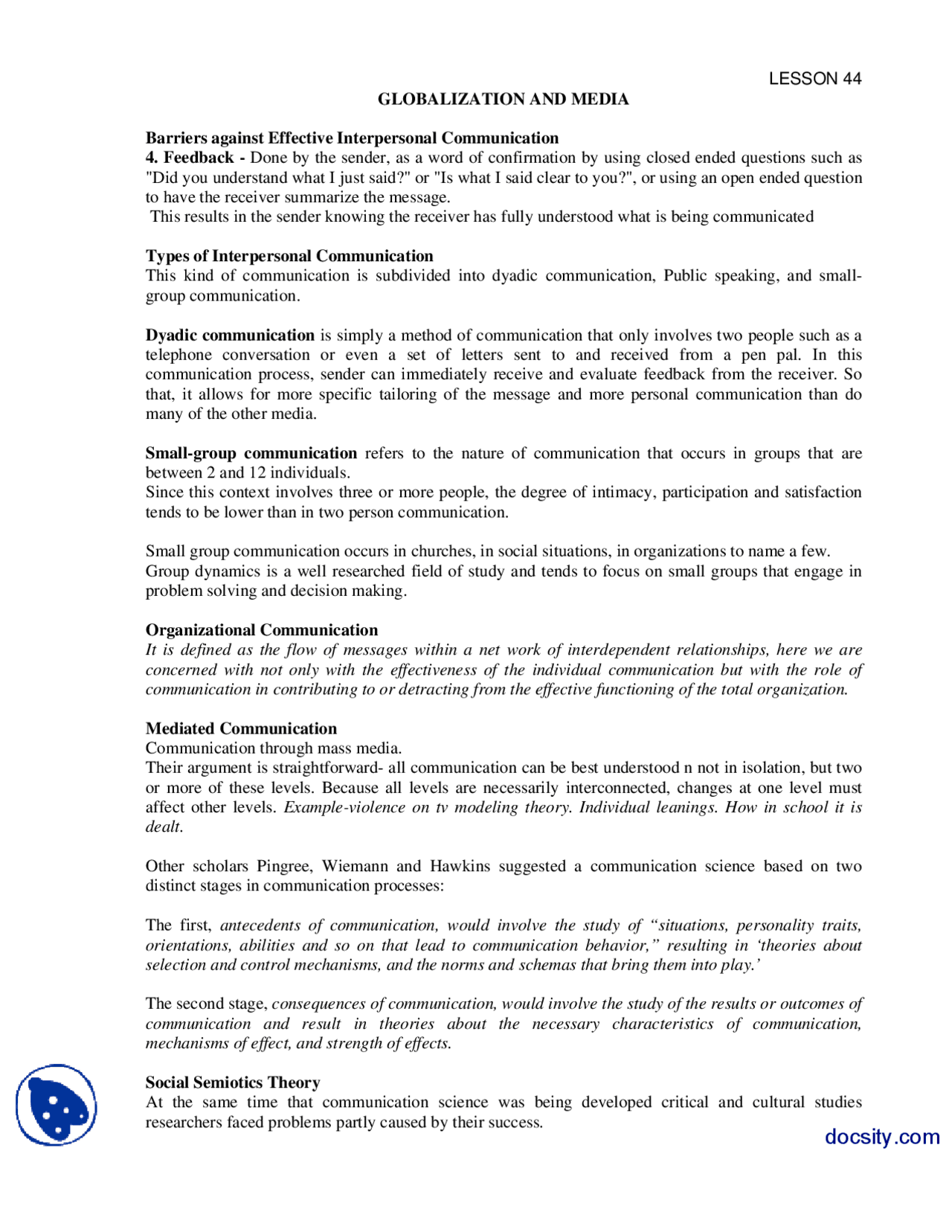 Globalization And Media Theories Of Communication Handouts Docsity