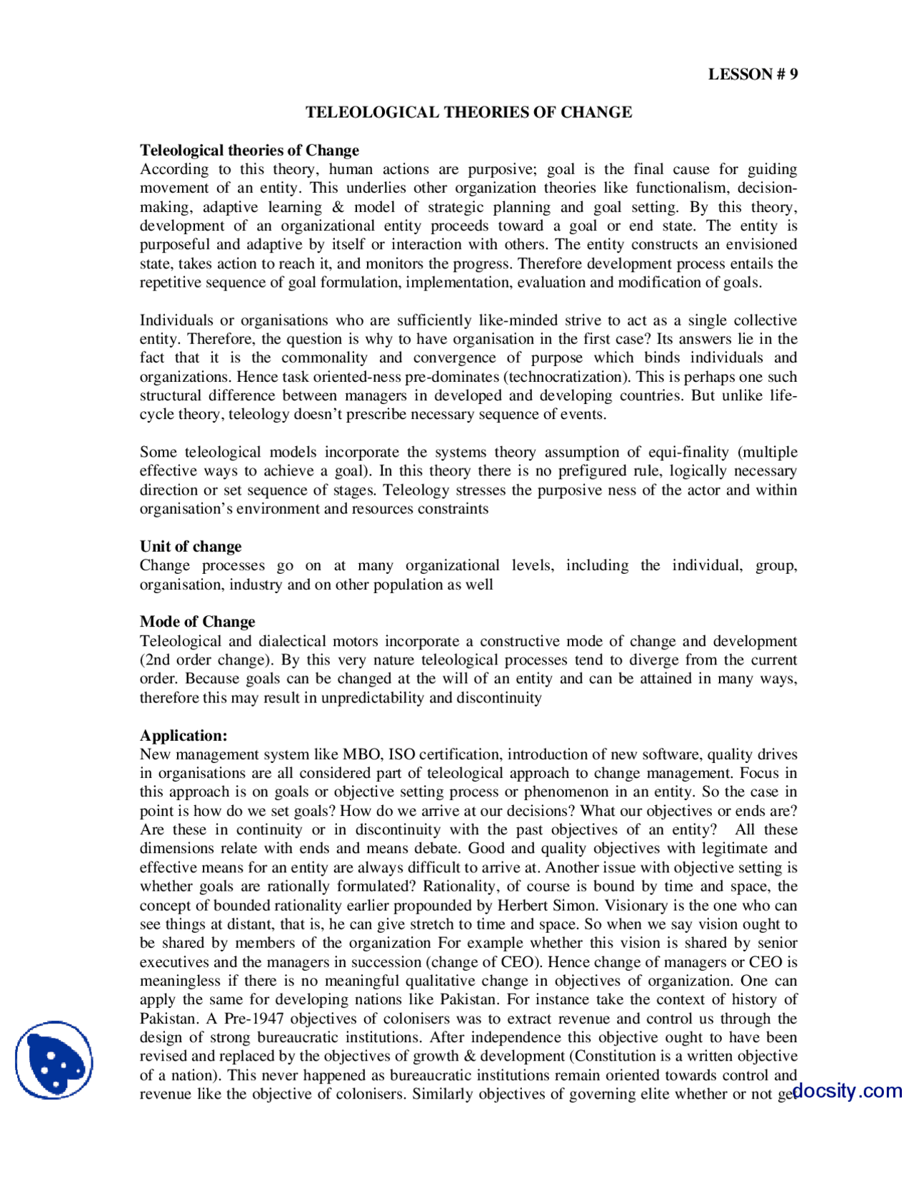 Teleological Theories of Change-Change of Management-Lecture Handout ...