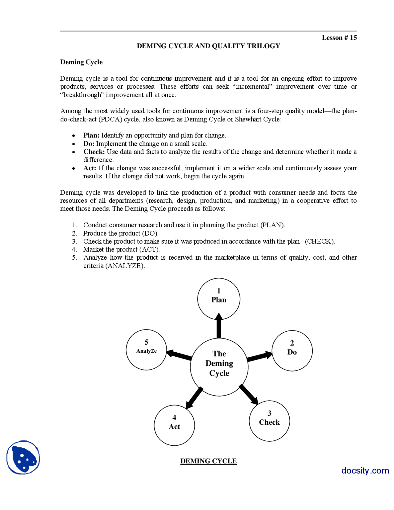 Deming Cycle And Quality Trilogy Total Quality Managment Handouts Docsity