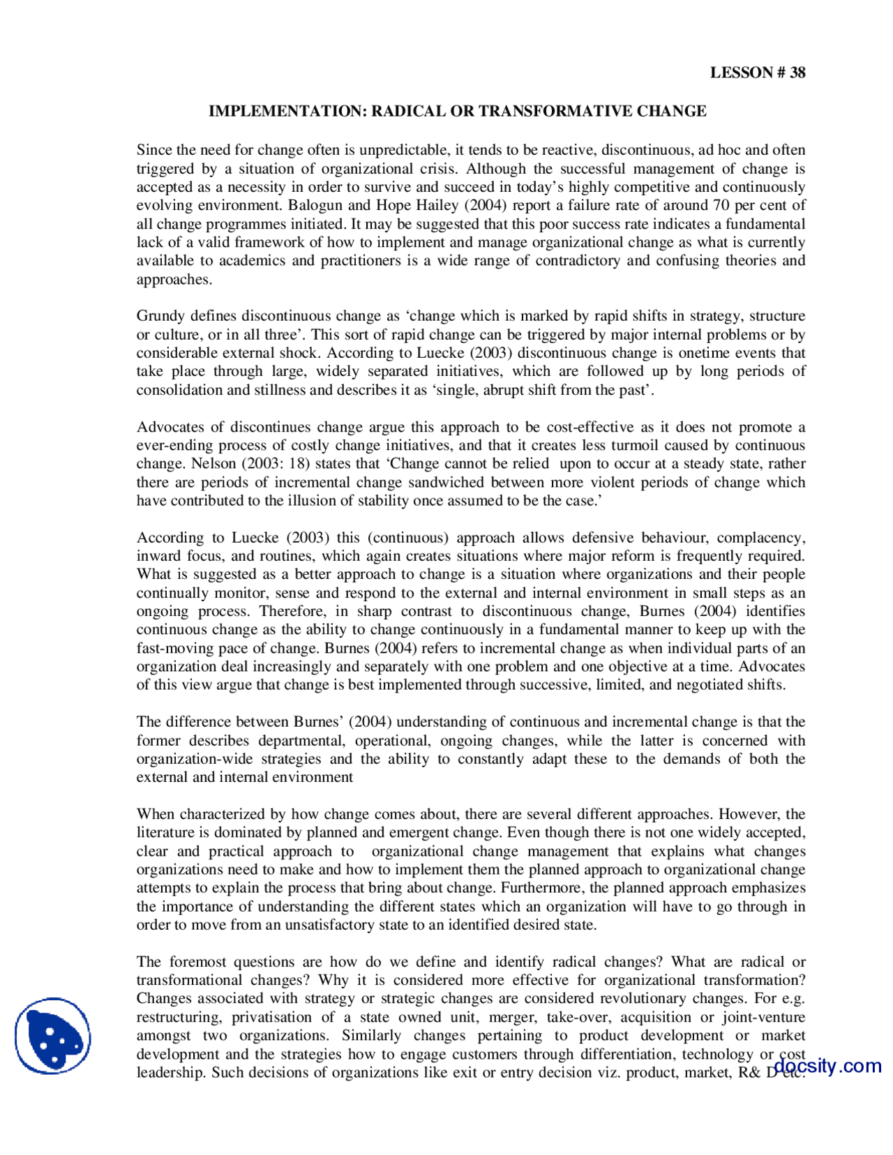 Transformative Change Part 1-Change of Management-Lecture Handout - Docsity