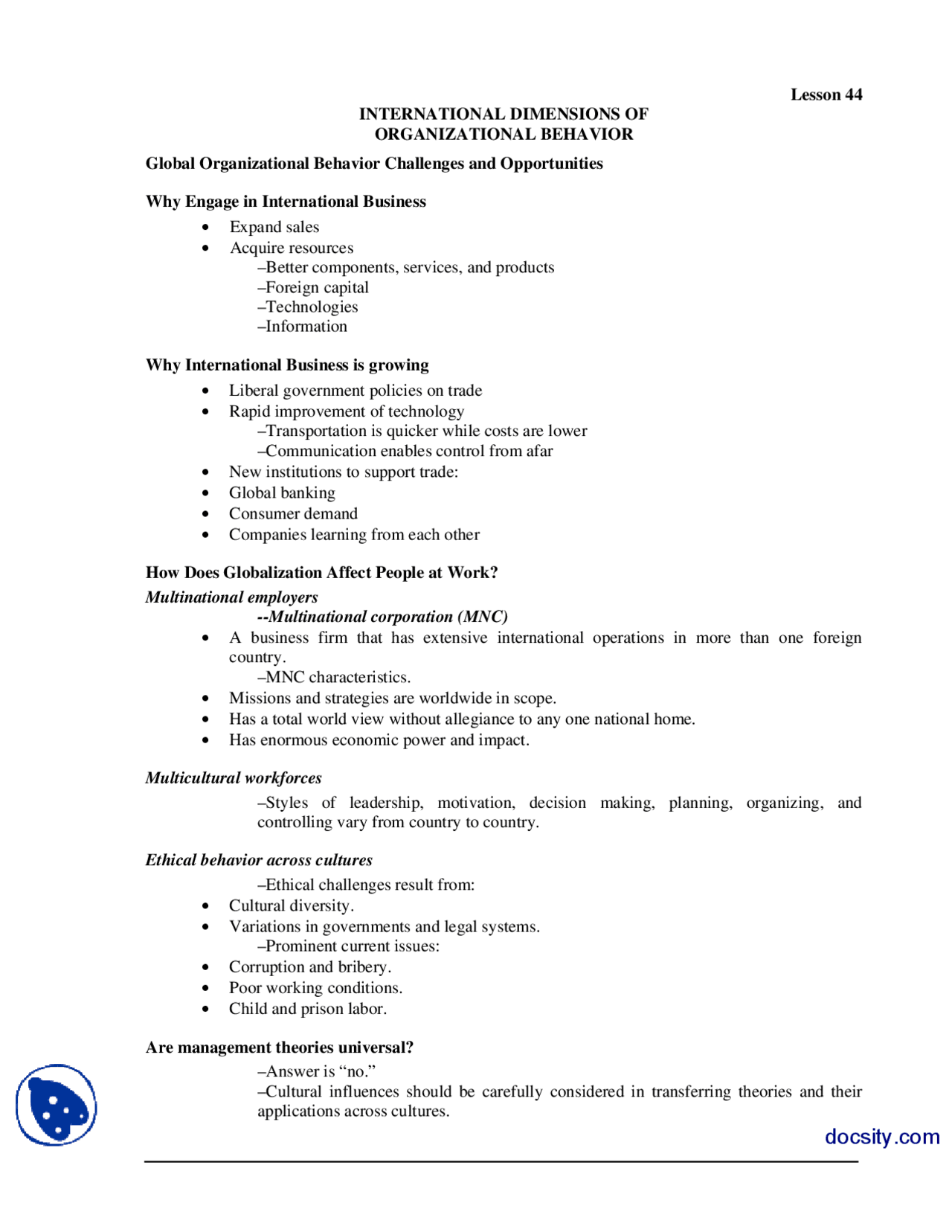 Why Engage In International Business Organizational Behaviour Lecture
