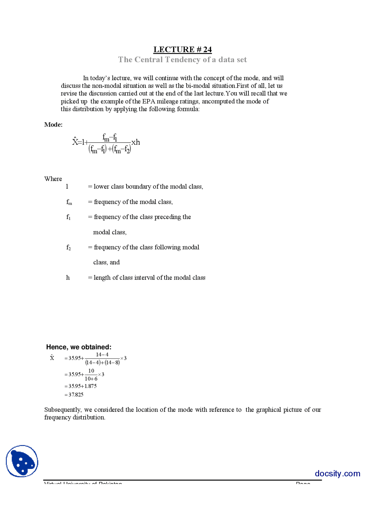 The Central Tendency of a Dataset-Discrete Mathematics-Lecture Handout - Docsity