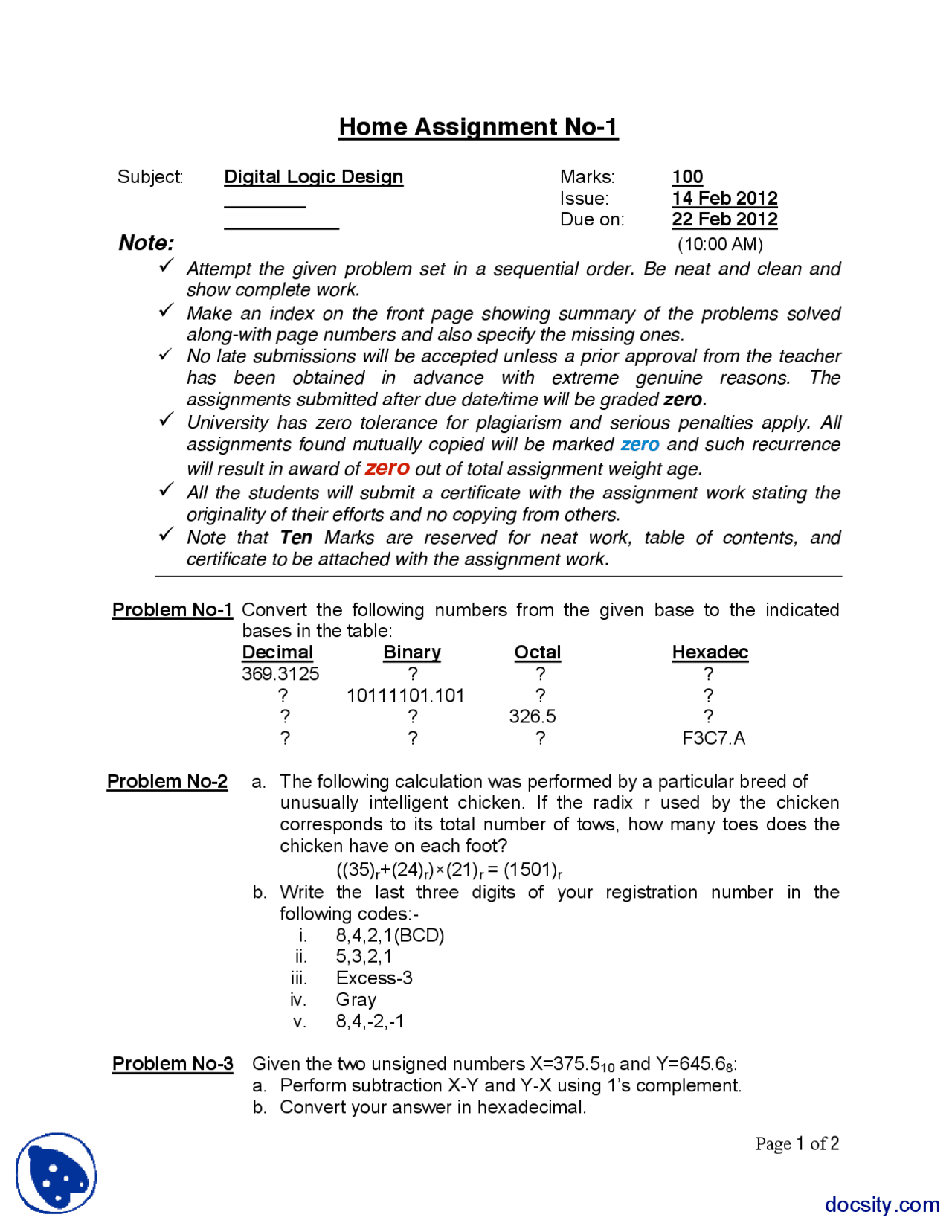 Gray Code, Base Conversion, Parity Bit-Digital Logic Design-Assignment - Docsity