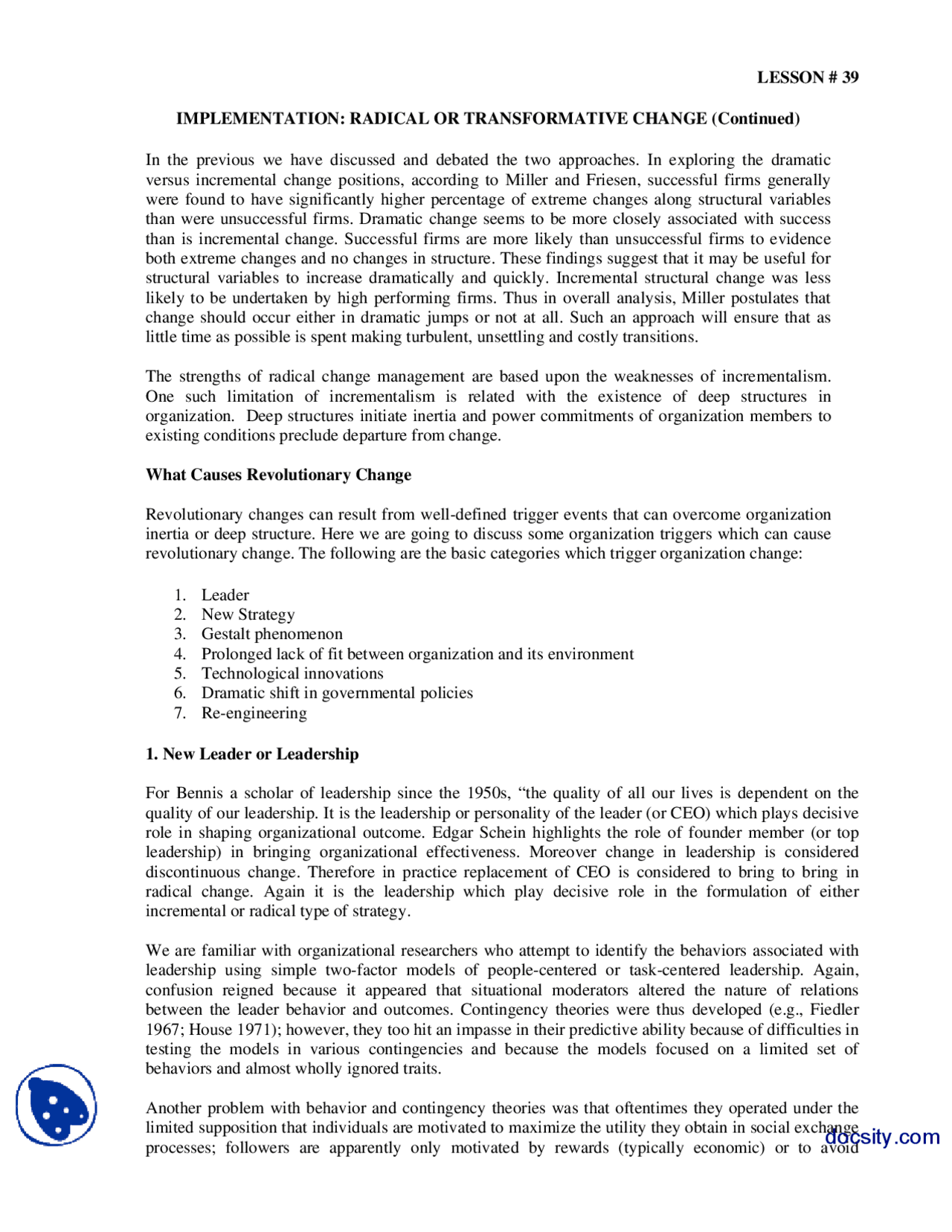 Transformative Change Part 2-Change of Management-Lecture Handout - Docsity