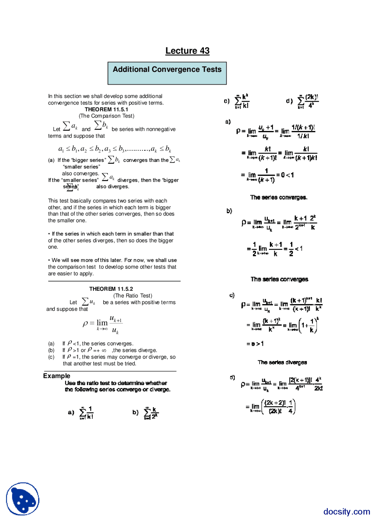 Additional Convergence Tests General Mathematics Lecture Handout Docsity