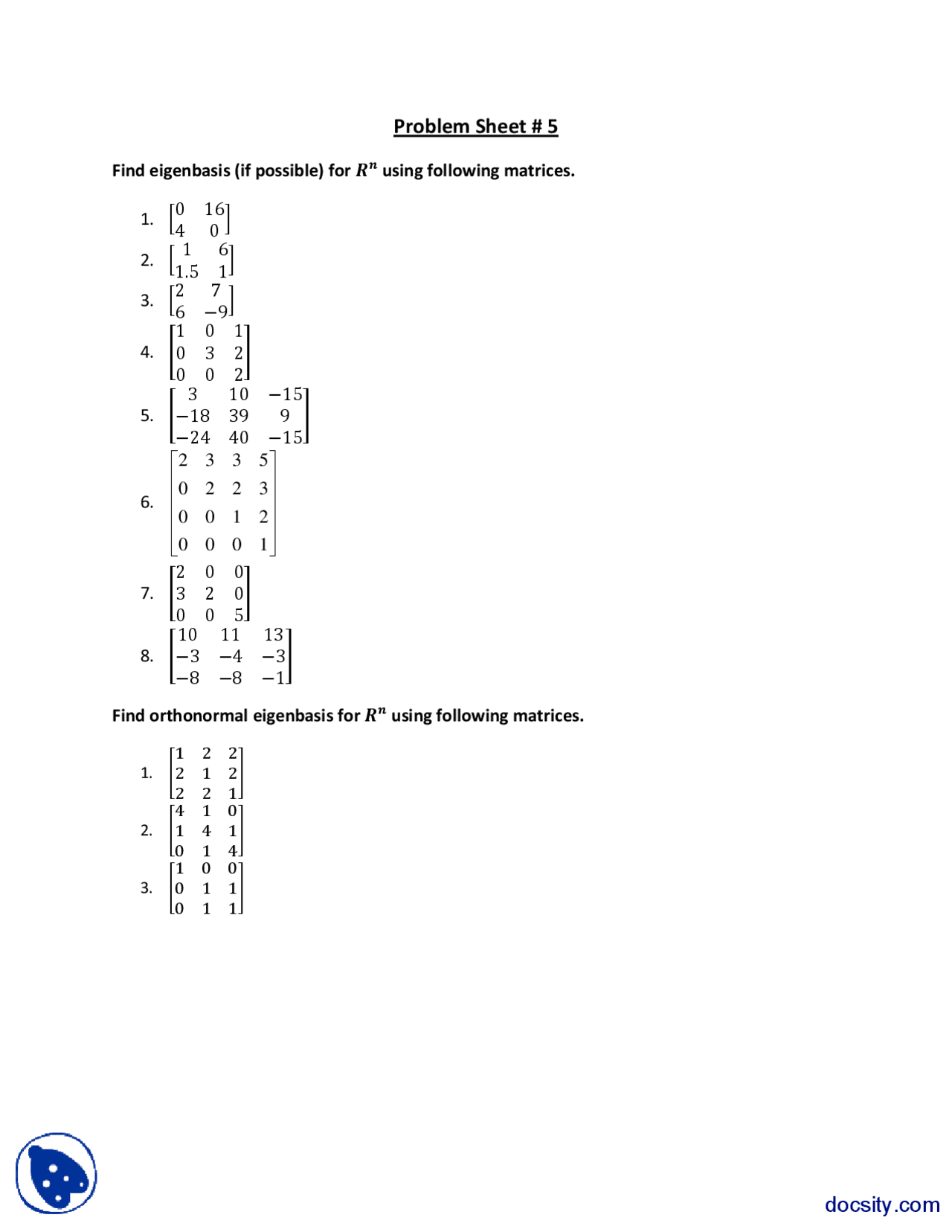 Problem Sheet 5 Eigen Basis Linear Algebra Assignment Exercises Linear Algebra Docsity