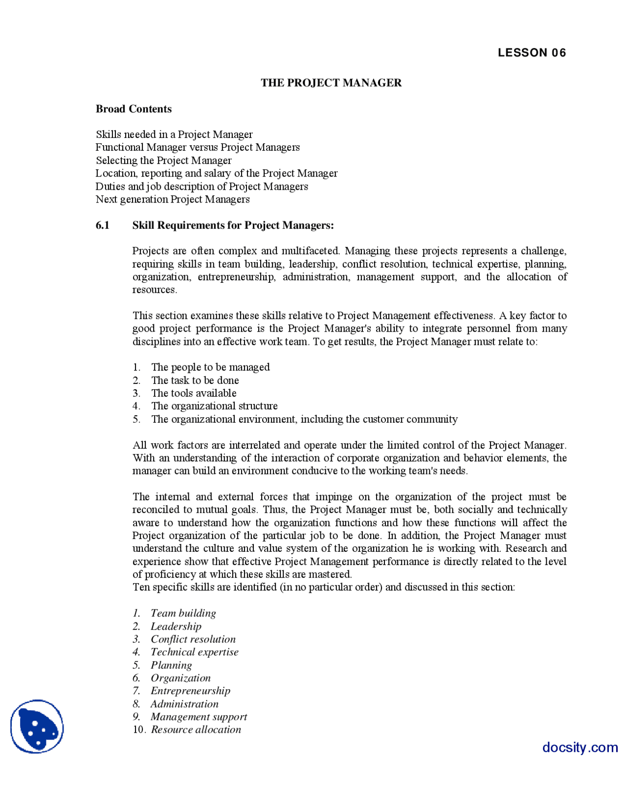 The Project Manager Project Managment Handouts Docsity