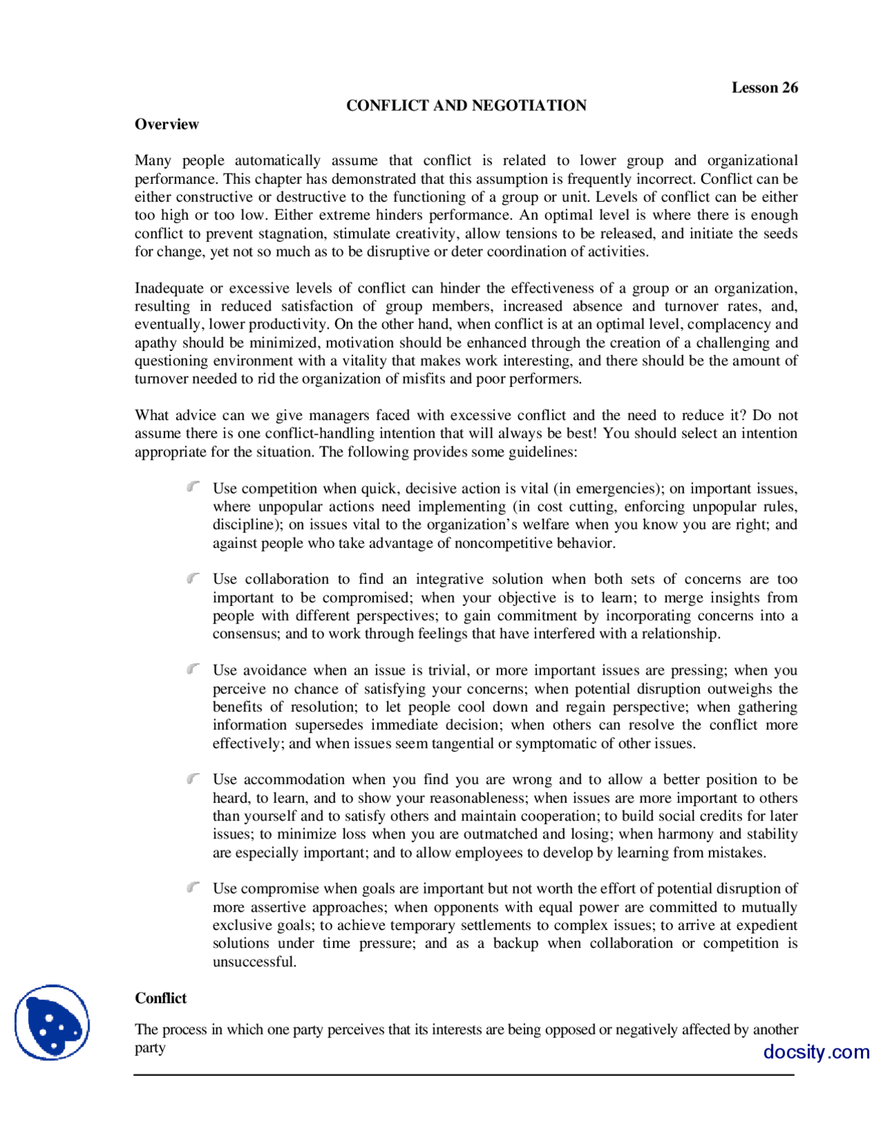 Conflicts Part 1 Organizational Behaviour Lecture Handout Docsity
