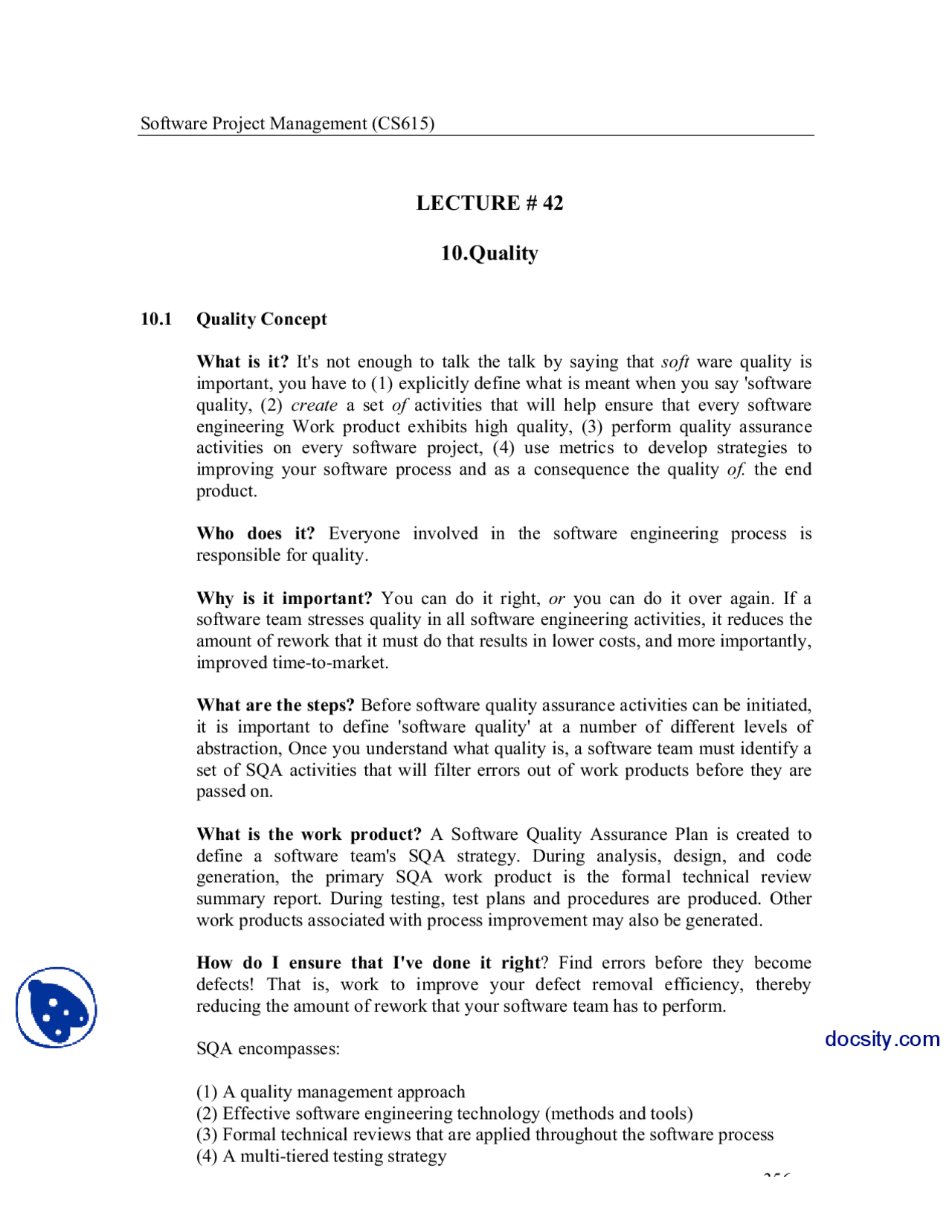 Quality Producing Quality Software Software Project Management Lecture