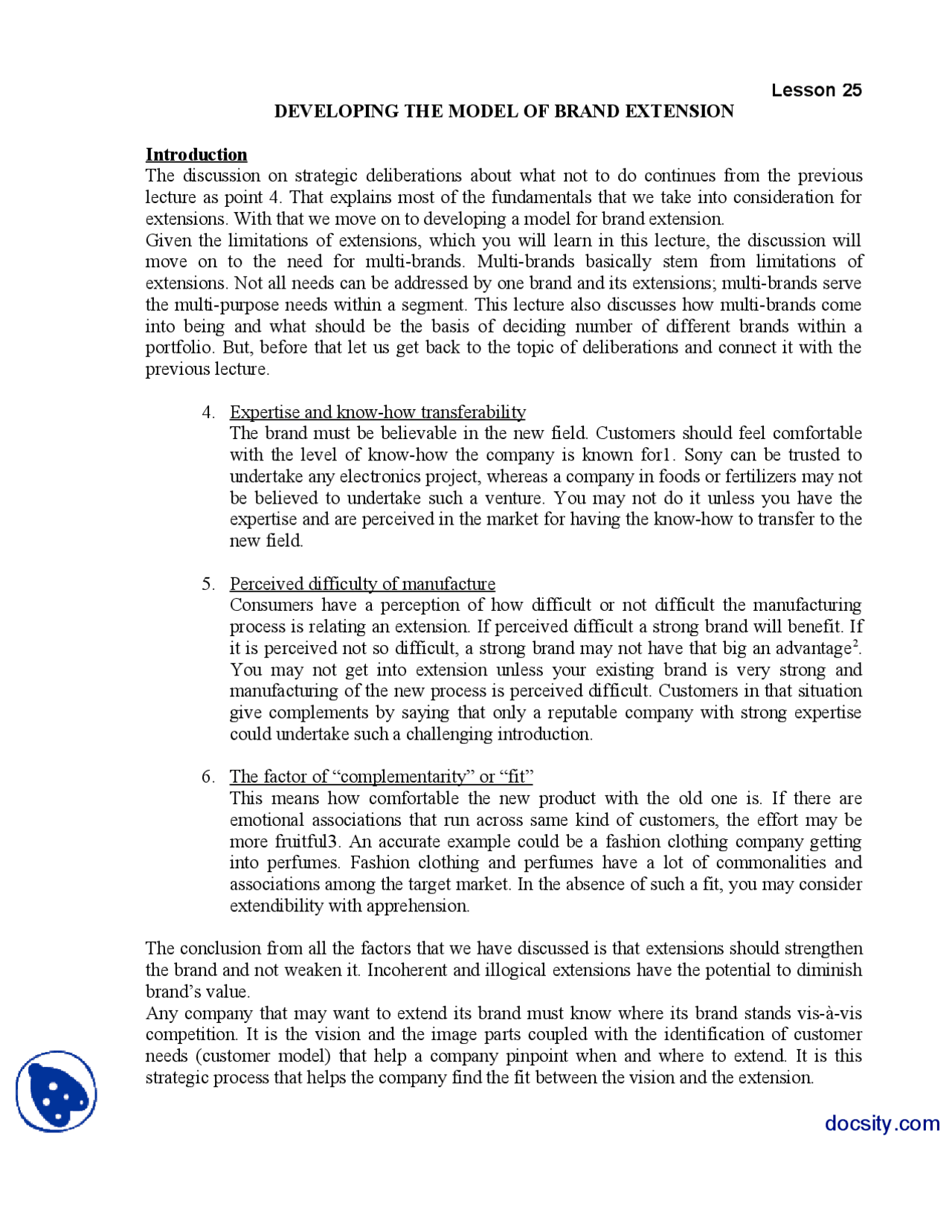 Model Of Extension Brand Management Lecture Handout Docsity