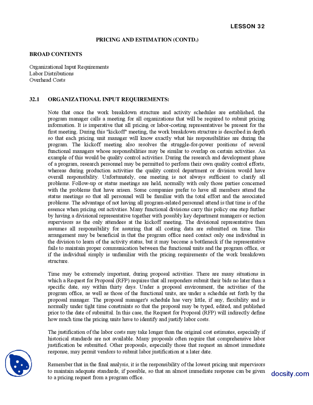 Pricing And Estimation 2 Project Managment Handouts Lecture Notes