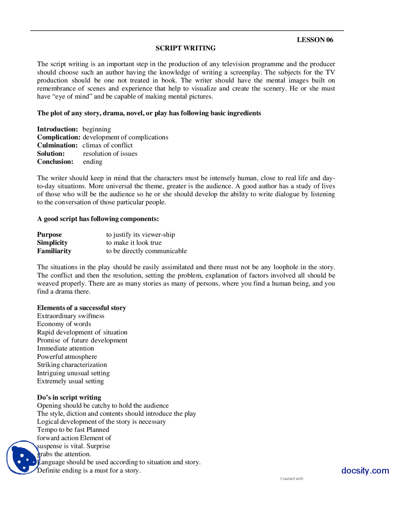 Scriptwriting Reporting And Production Handouts Docsity