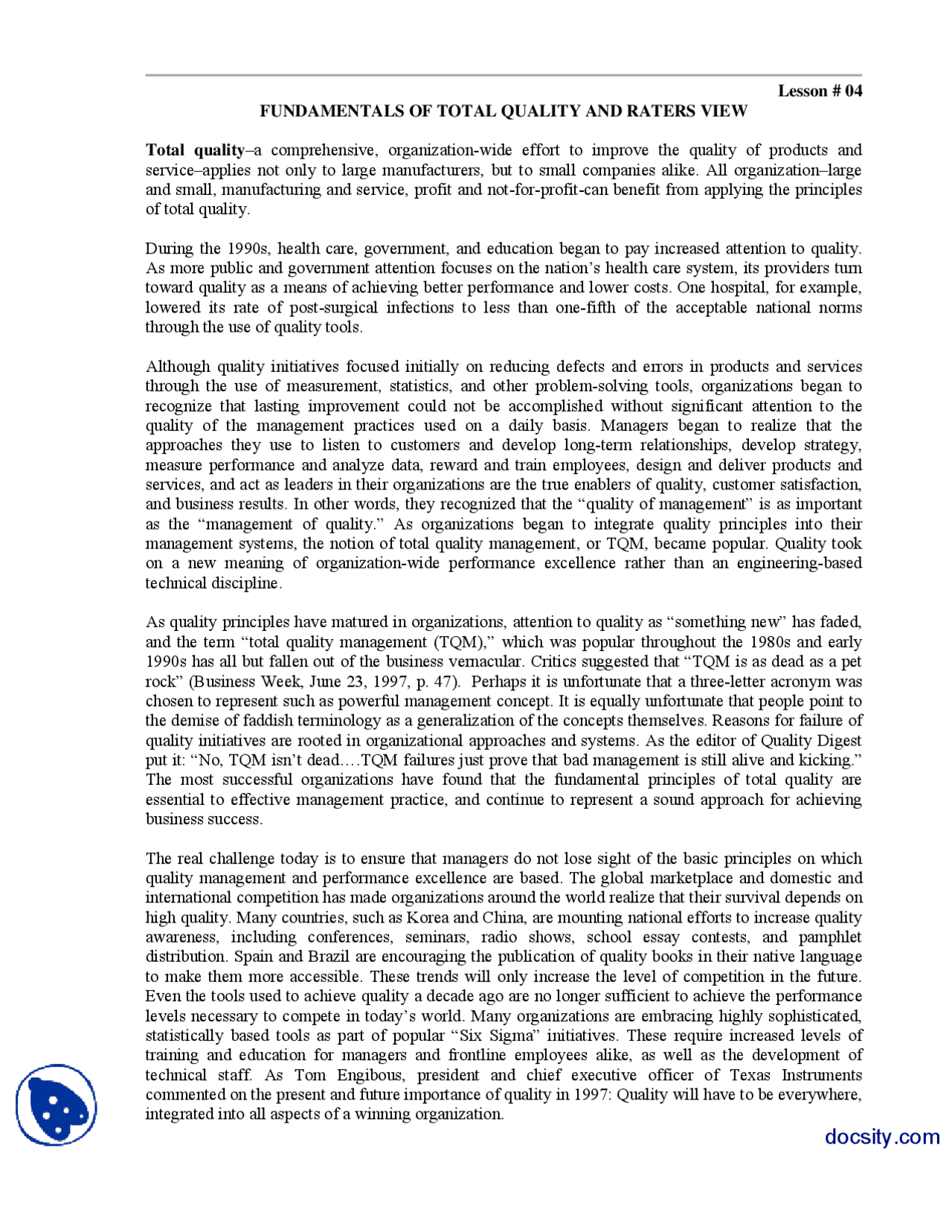 Fundamentals Of Total Quality And Raters View Total Quality Managment