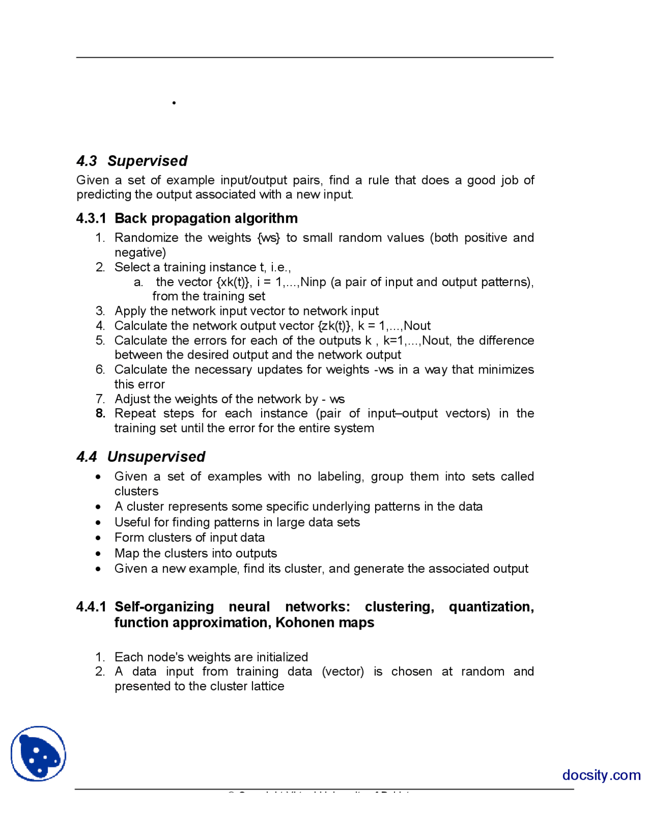 Neural Networks Backpropagation And Unsupervised Learning Self Organizing Nns Exercises