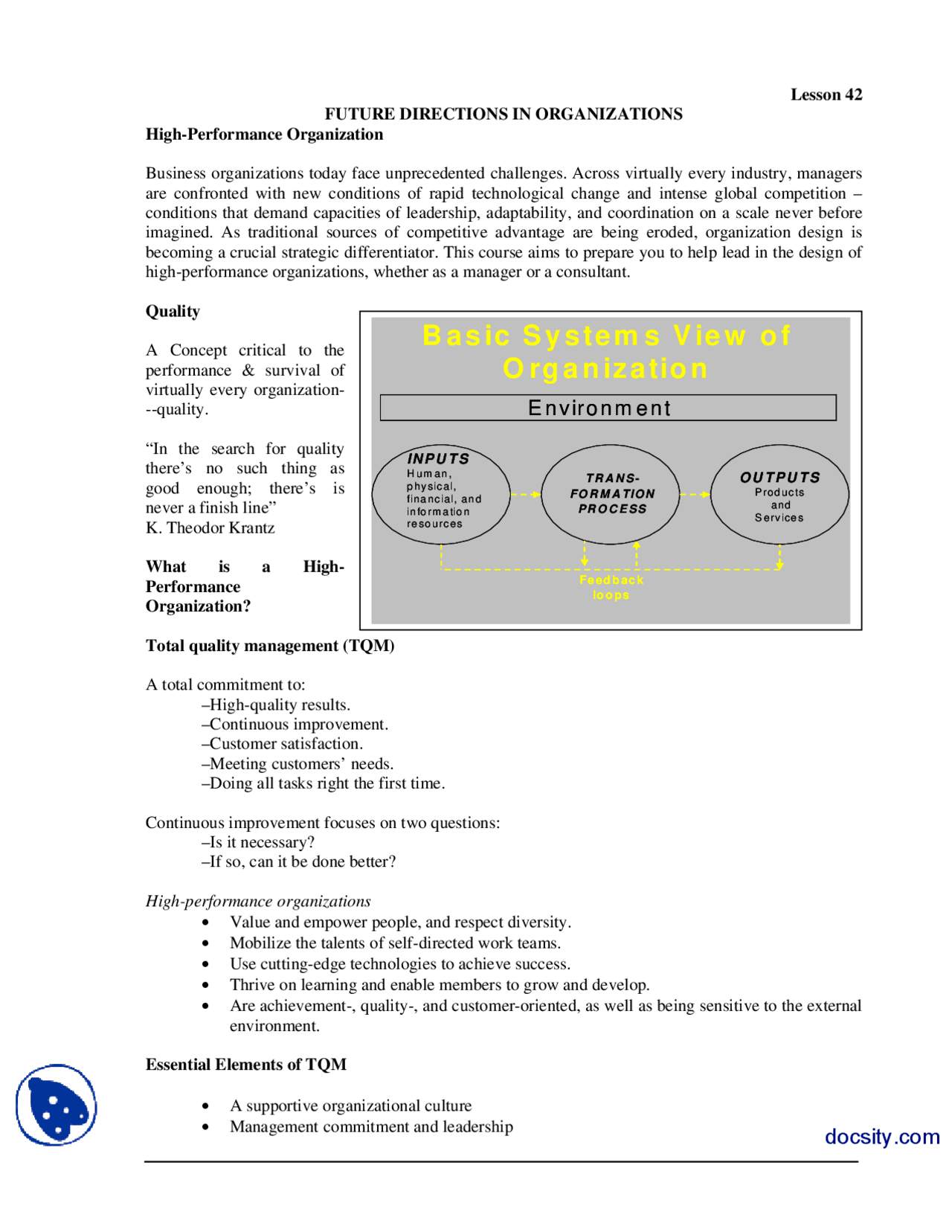 High Performance Organization Organizational Behaviour Lecture Handout