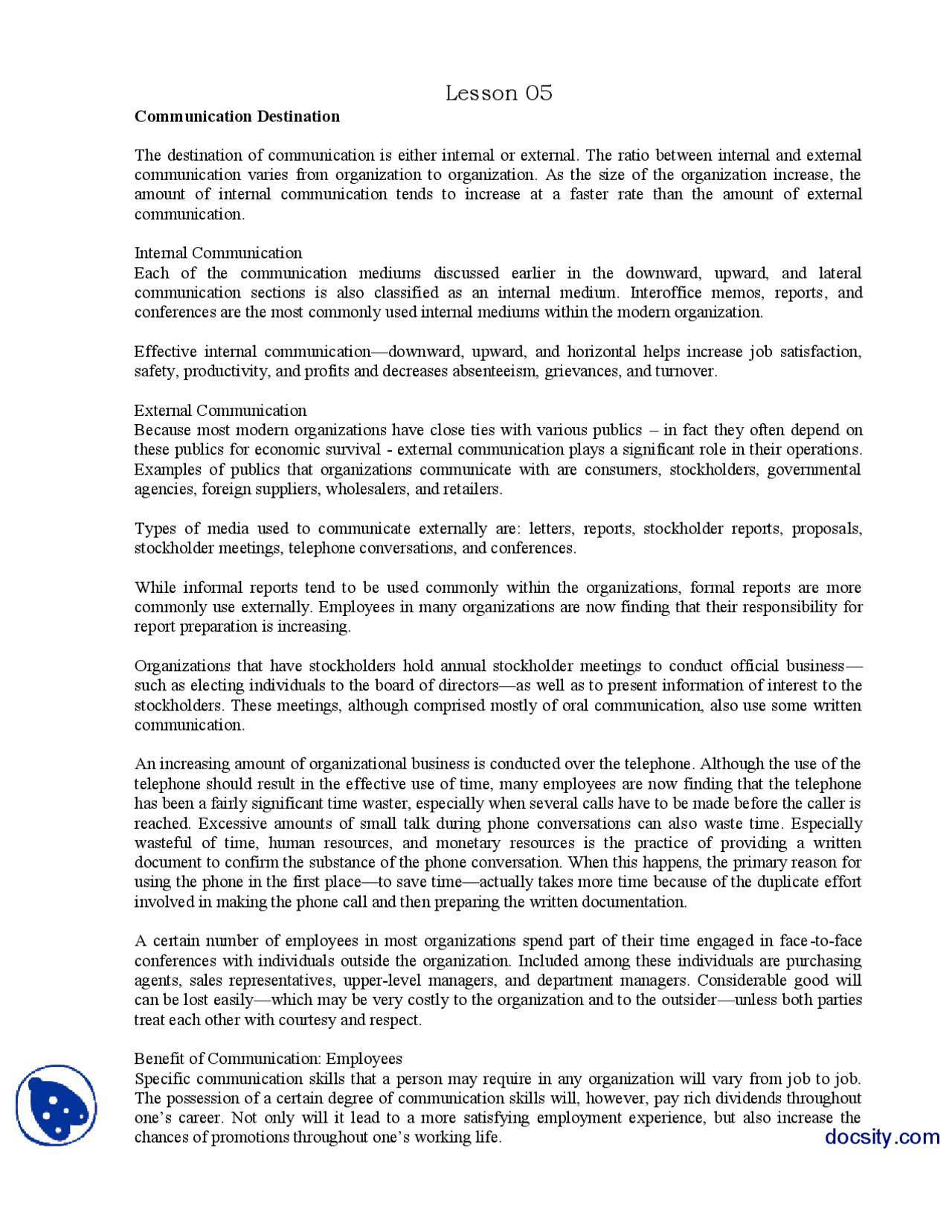 Communication Destination Communication Skills Lecture Handout Docsity