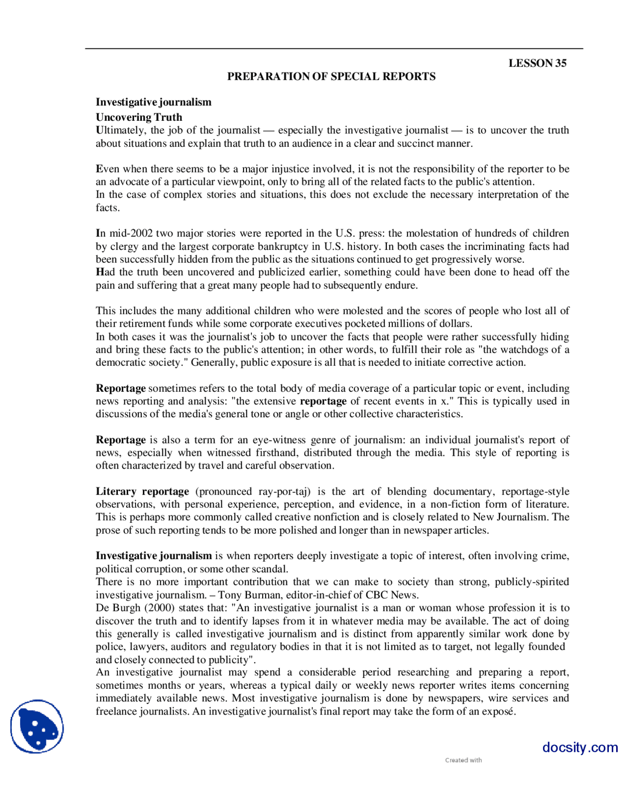 Preparation Of Special Reports Reporting And Production Handouts Docsity