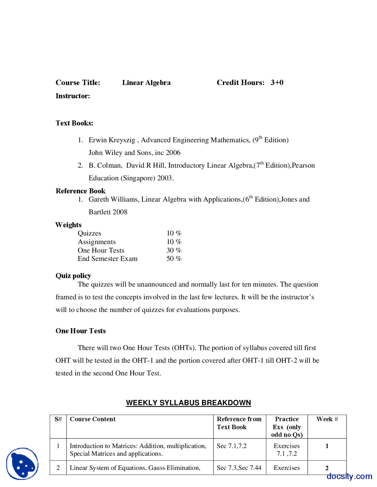 Course Outline Linear Algebra Handout Docsity
