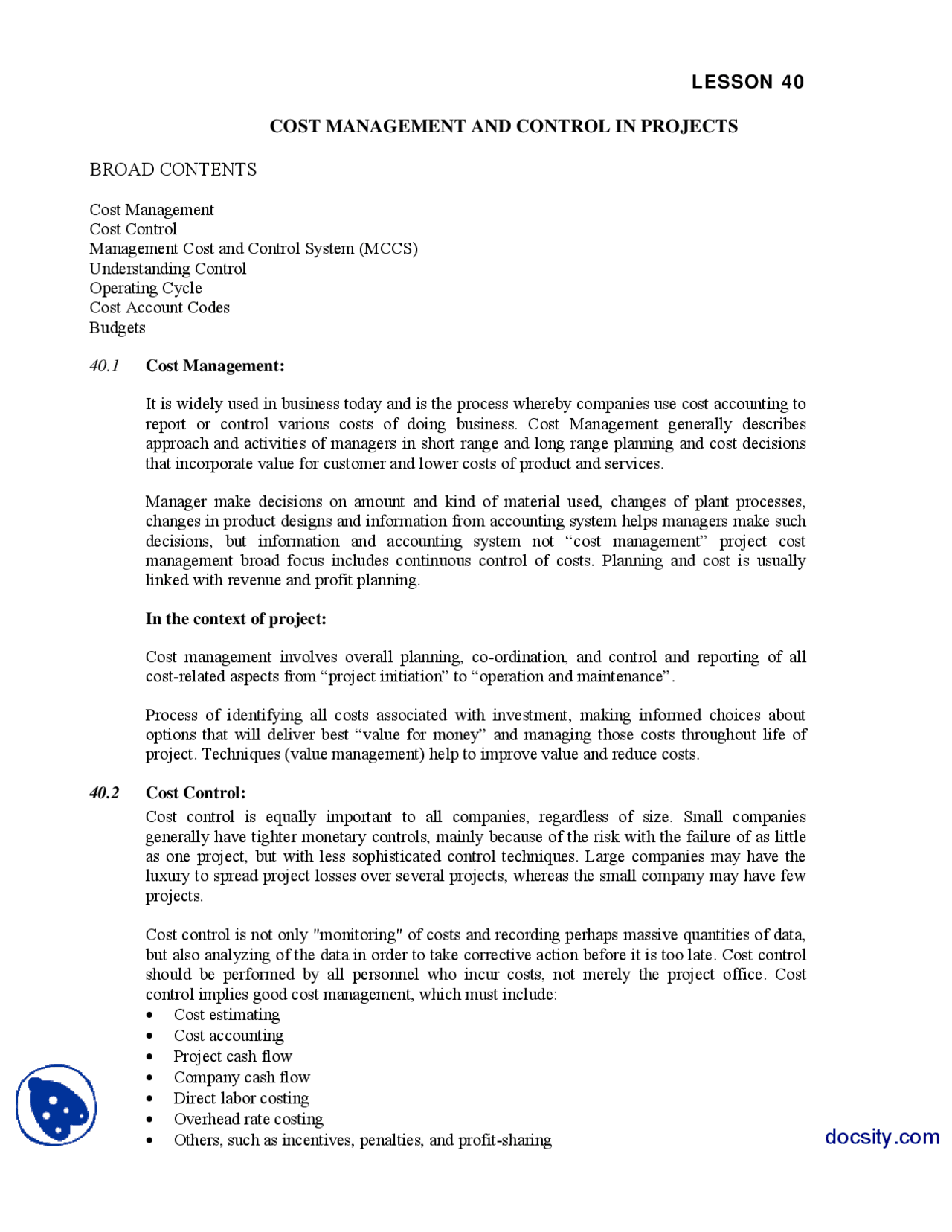 Cost Management And Control In Projects Project Managment Handouts