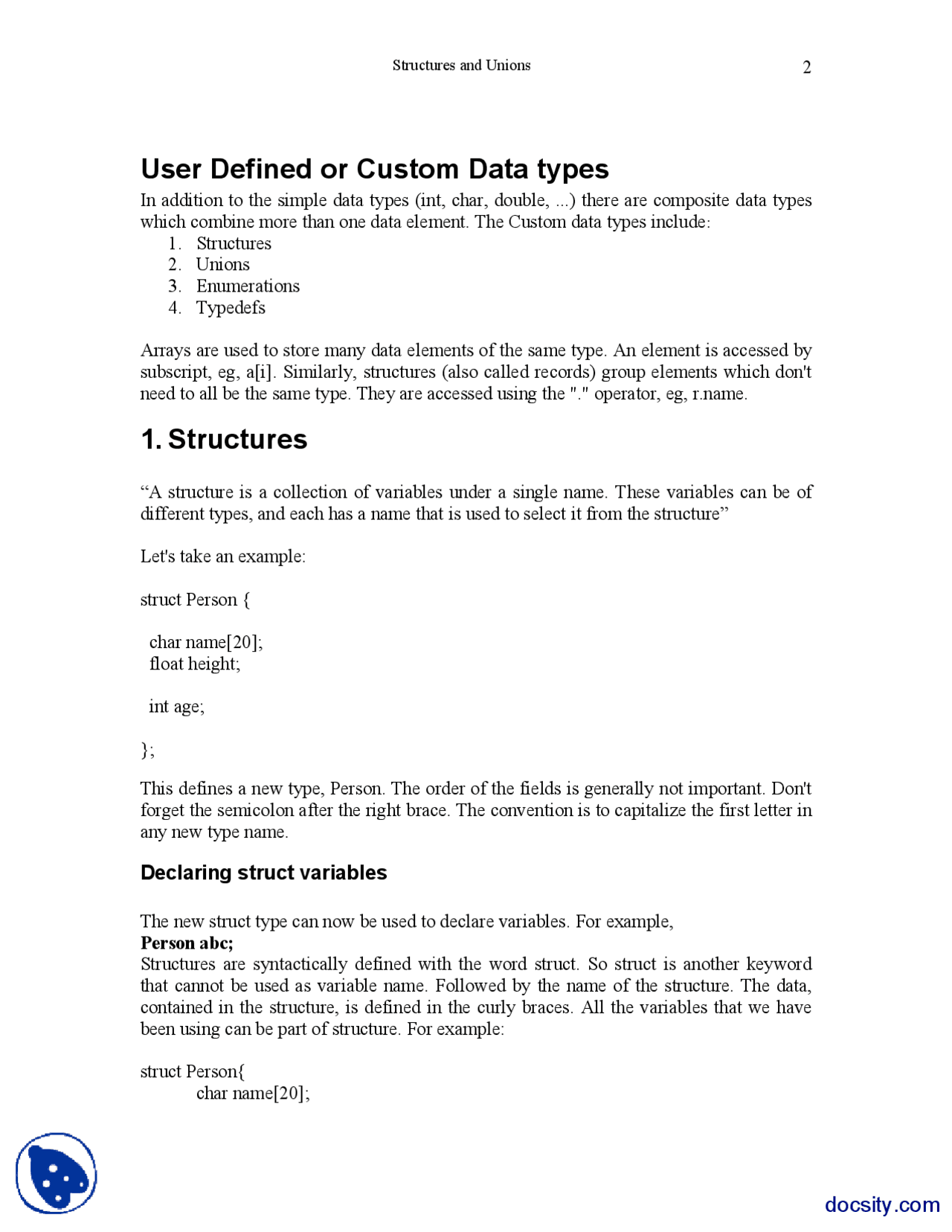 User Defined Or Custom Data Types Windows Programming Lecture Notes Docsity