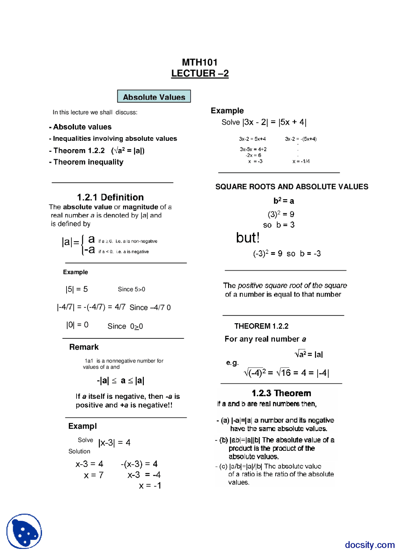 Absolute Values-General Mathematics-Lecture Handout - Docsity