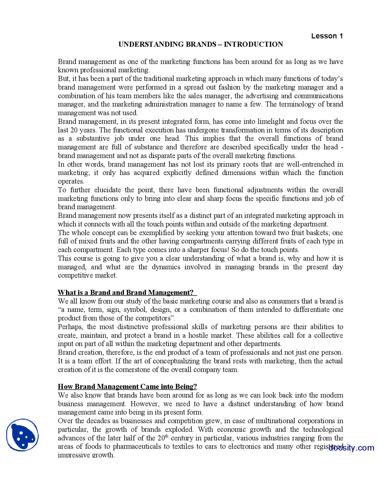 Introducation Part 1 Brand Management Lecture Handout Exercises Brand