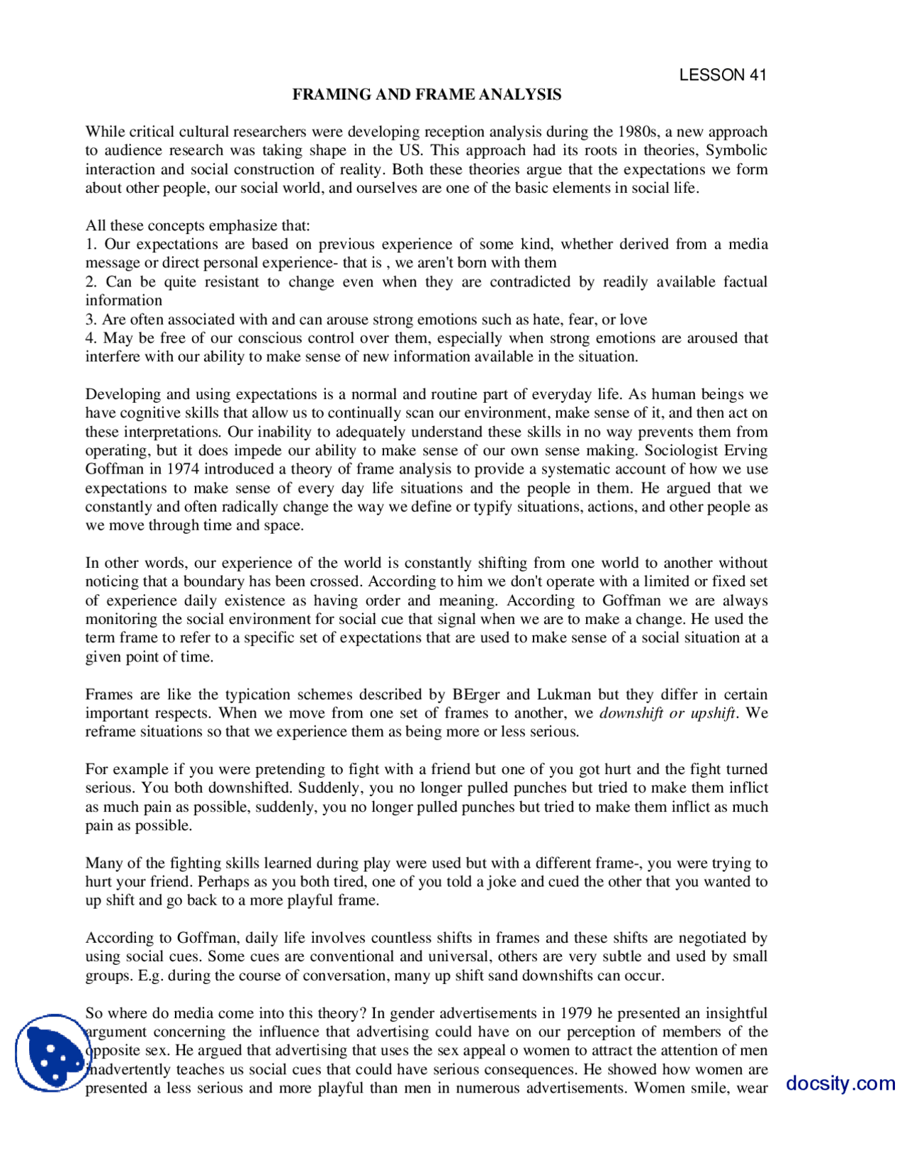 Framing And Frame Analysis-Theories of Communication-Handouts - Docsity