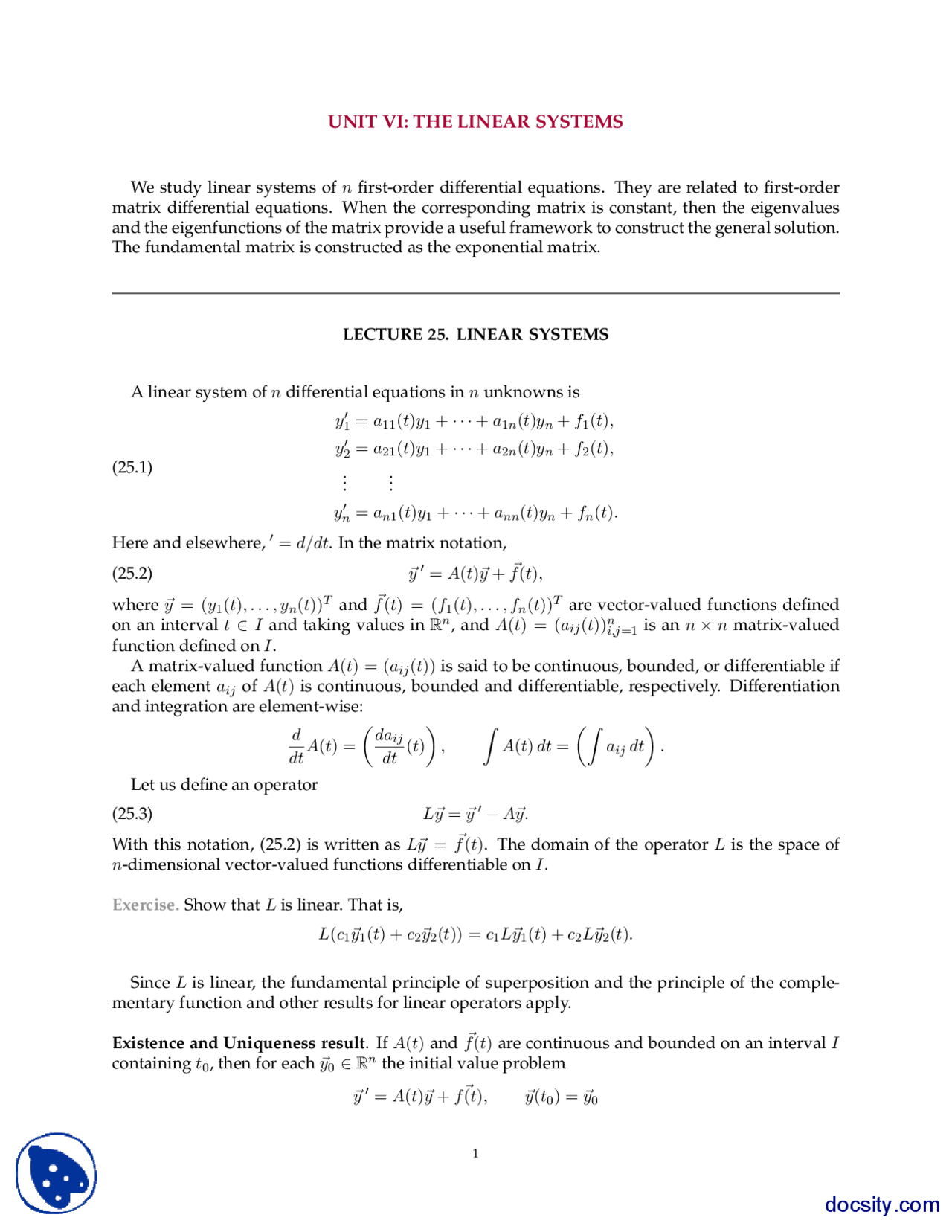 Linear Systems Differential Equations And Their Solutions Lecture Notes
