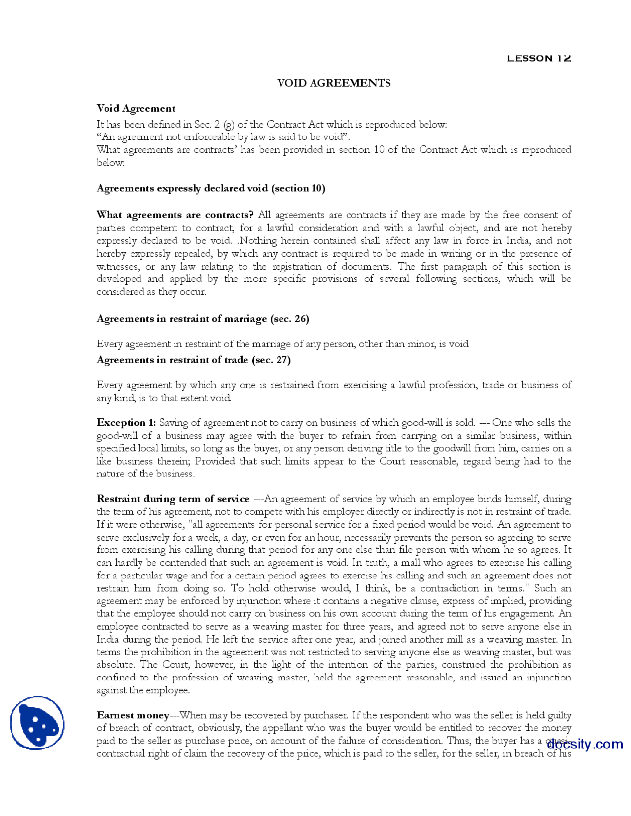 Void Agreement-Business and Labour Law-Lecture Handout - Docsity