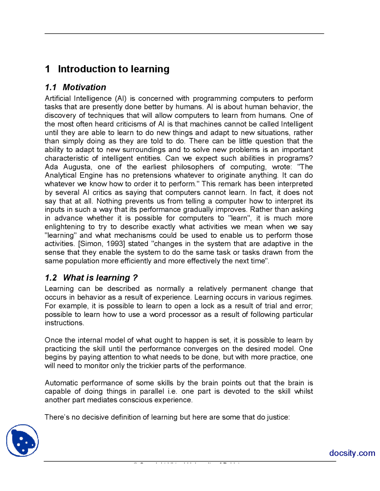 Introduction To Learning Artificial Intelligence Lecture Handout