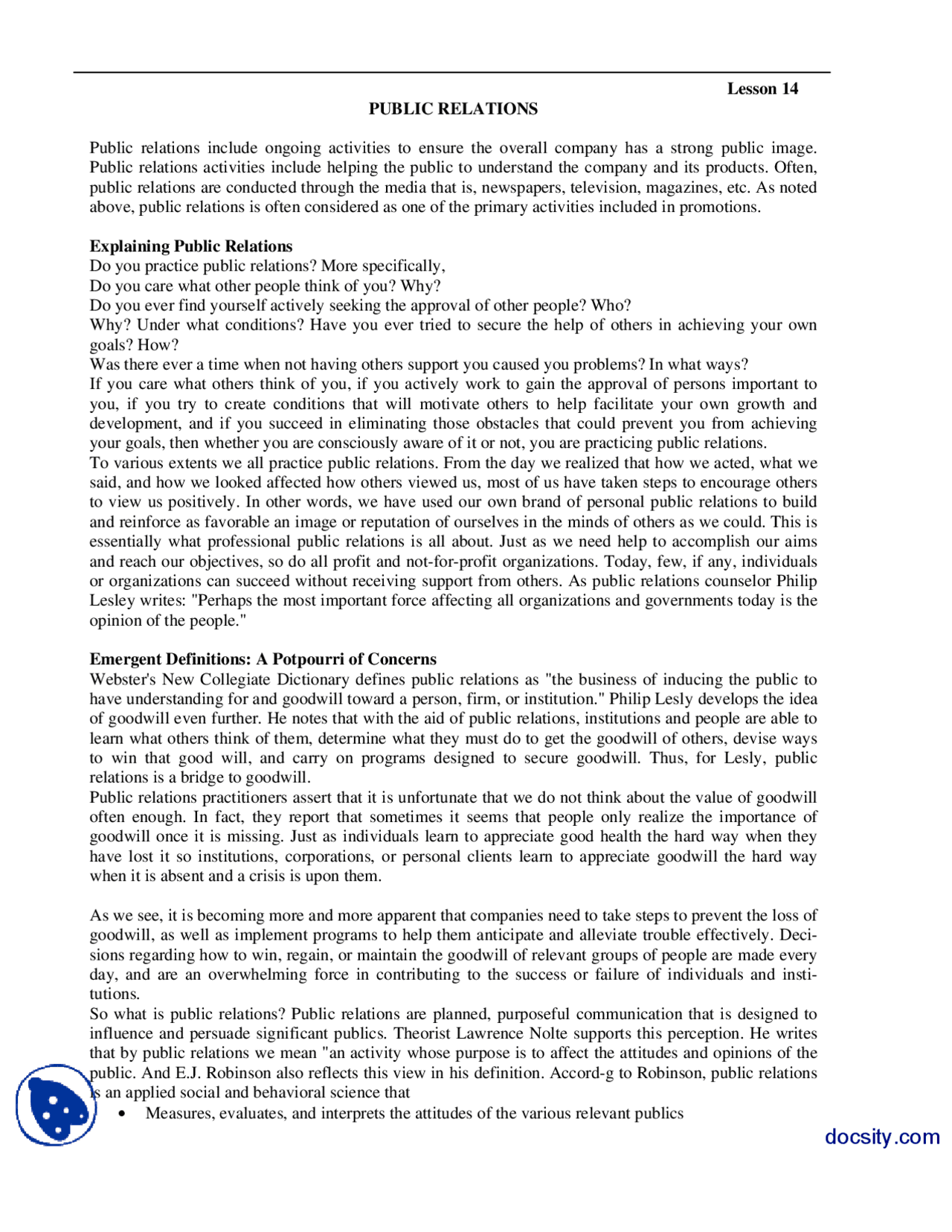 Public Relations Media Managment Handouts Docsity