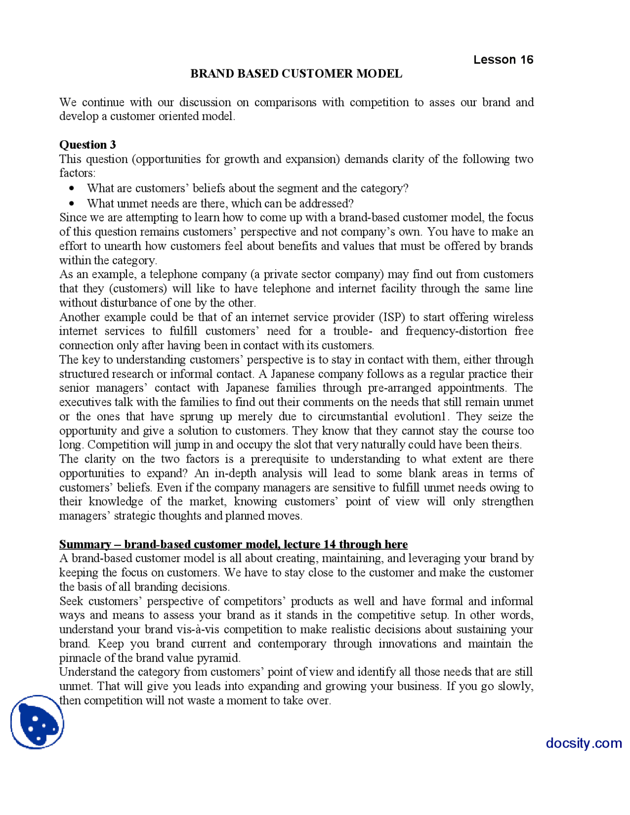 Costumer Model Part 2 Brand Management Lecture Handout Docsity
