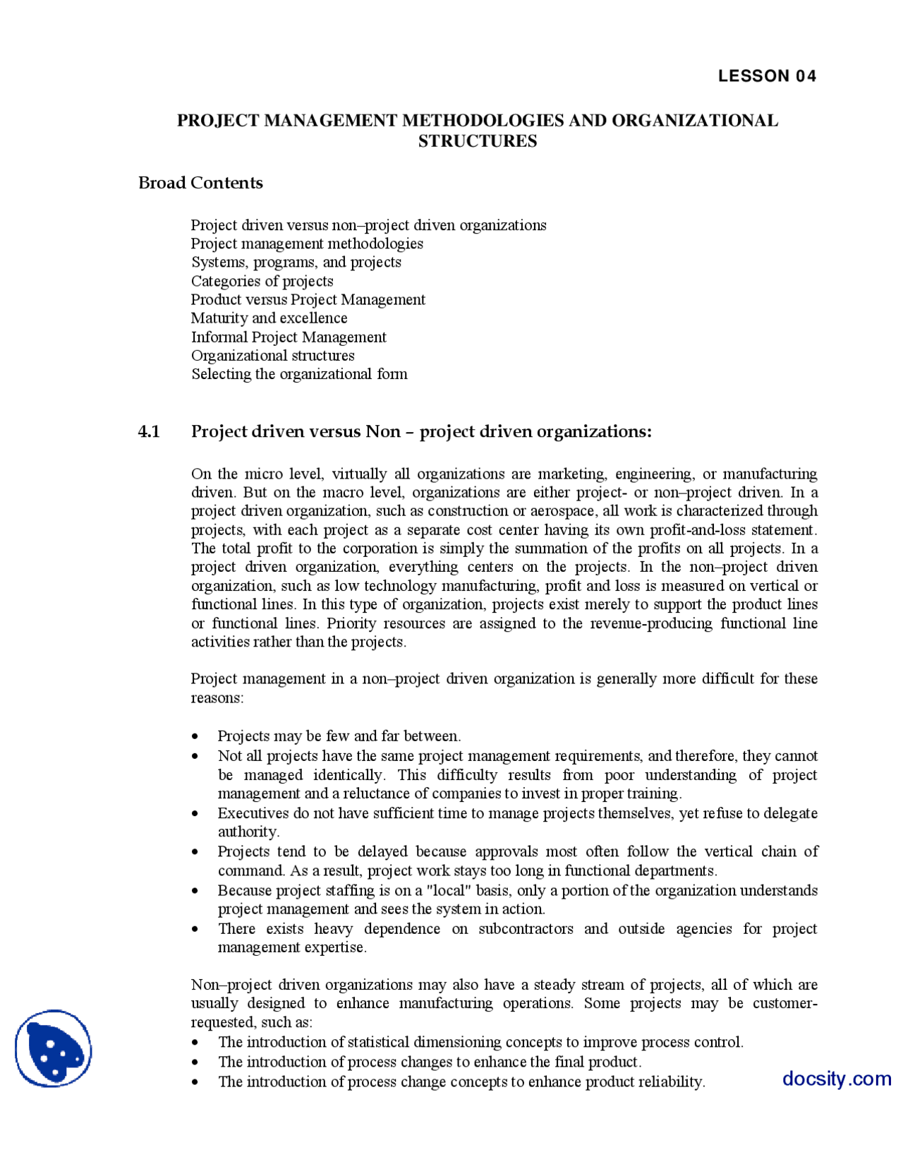 Project Management Methodologies And Organizational Structures Project